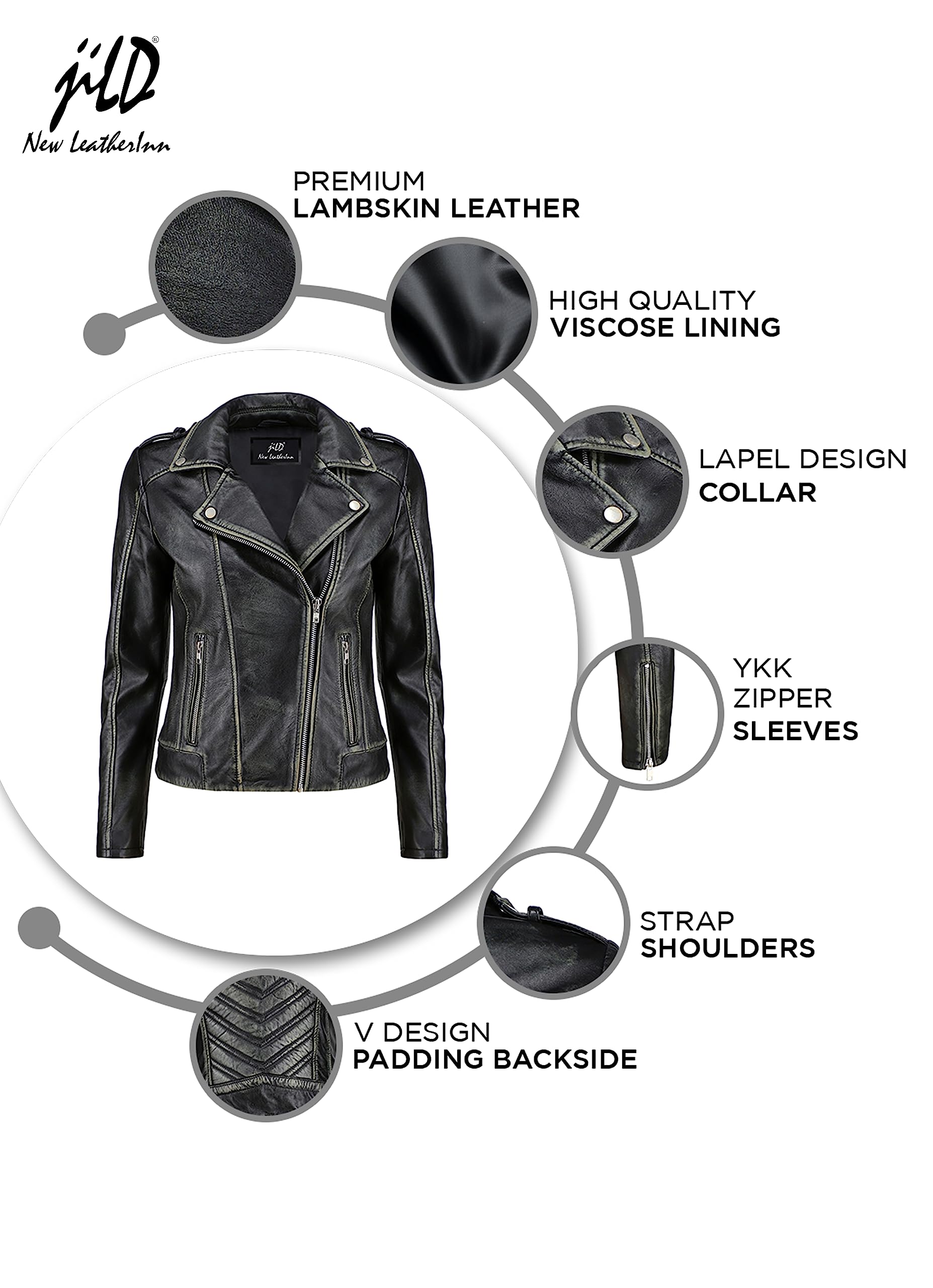 Jild Biker Style Vintage Leather Jacket Women - Casual Fashion Motorcycle Zip-Up Lightweight Coat Collar Women Leather Jacket (Distressed-M)