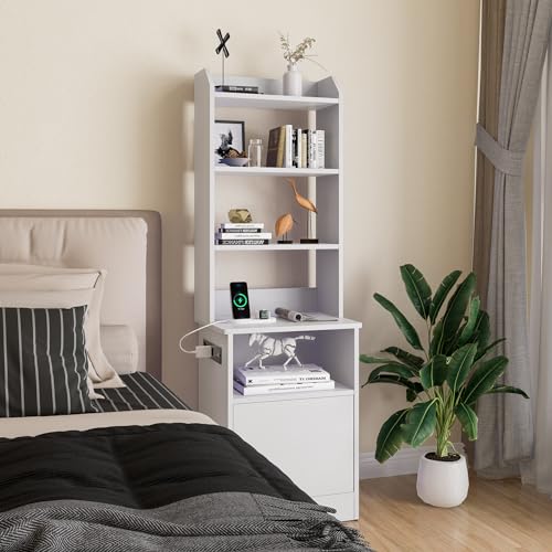 Aufvolr 6 Tier Bookshelf with Cabinet,Tall Night Stand with Charging Atation, Wood Book Shelf Storage Organizer, Modern Display Standing Shelf Unit for Bedroom, Living Room, Office (White)