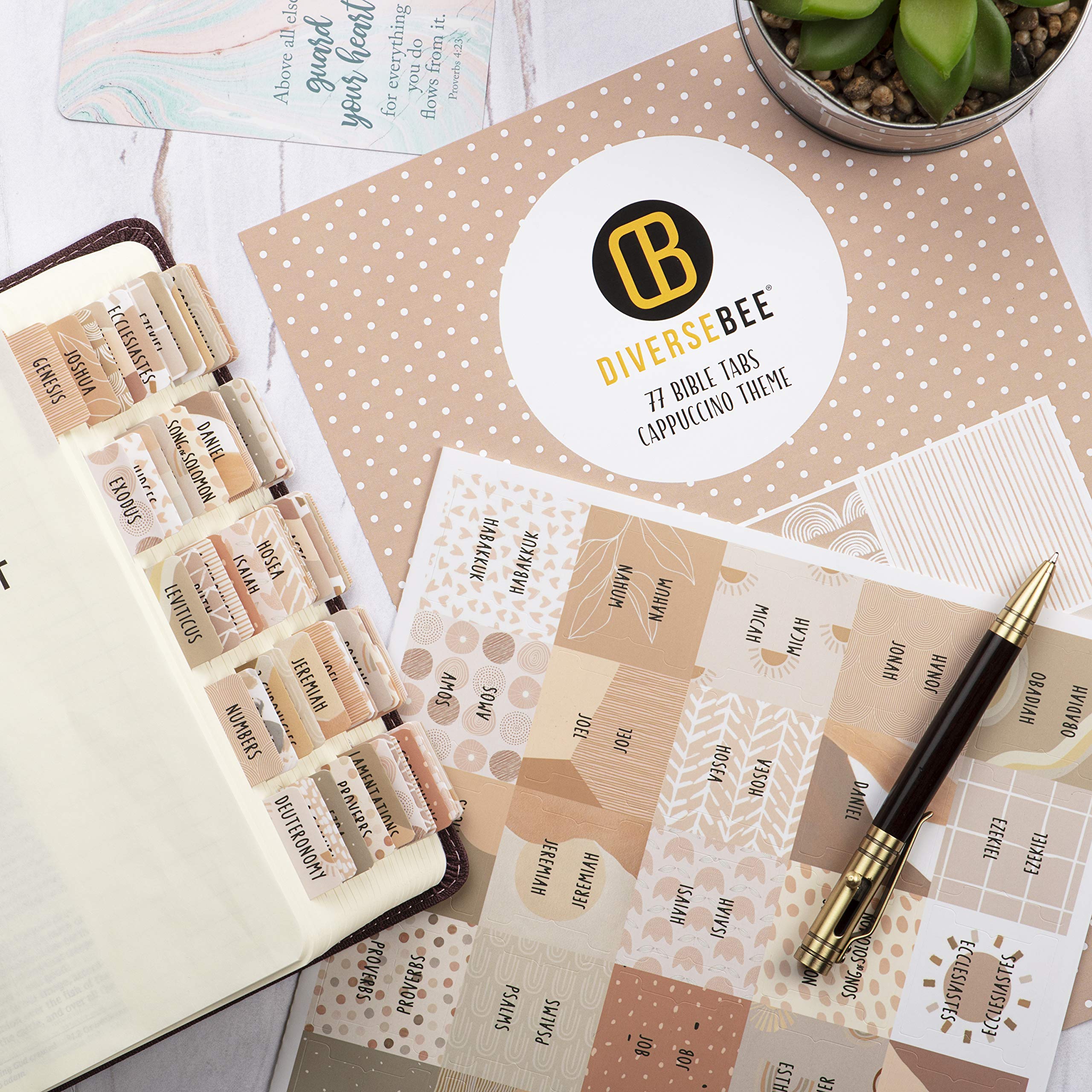 DiverseBee Laminated Bible Tabs (Large Print, Easy to Read), Bible Journaling Supplies, Bible Book Tabs, Christian Gift, 66 Bible Tabs Old and New Testament, Includes 11 Blank Tabs - Cappuccino Theme