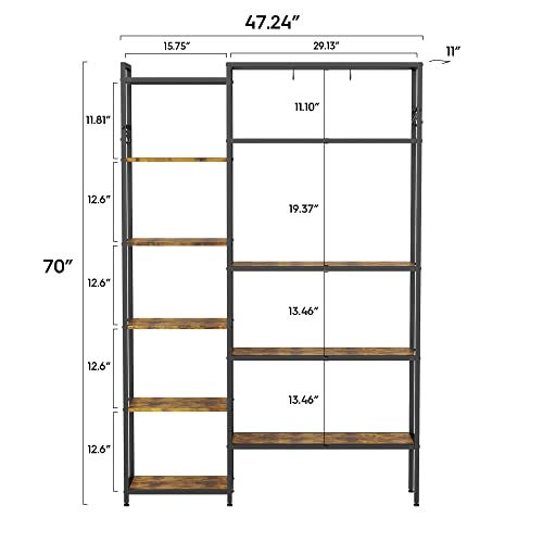 Iaocpio 6 Tier Bookshelf 70 inch Tall Bookcase, Double Wide Bookshelves with 6 S-Hooks.