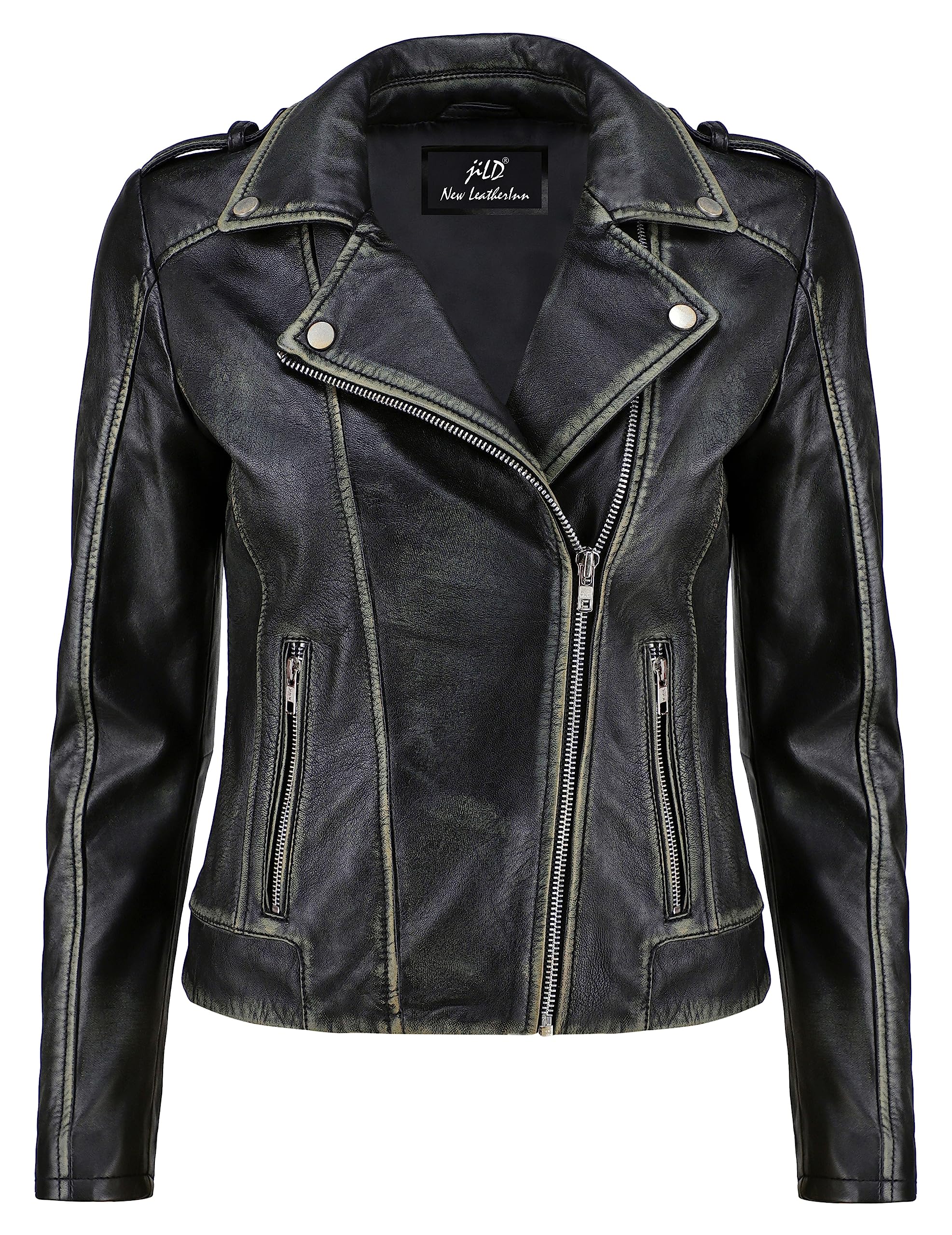 Jild Biker Style Vintage Leather Jacket Women - Casual Fashion Motorcycle Zip-Up Lightweight Coat Collar Women Leather Jacket (Distressed-M)