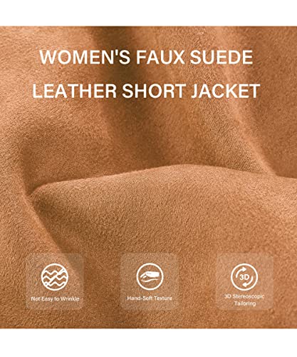 Bellivera Women's Faux Leather Suede Short Jacket Motocycle Sherpa-Lined Coat with Removable Fur Collar 8830 Brown L