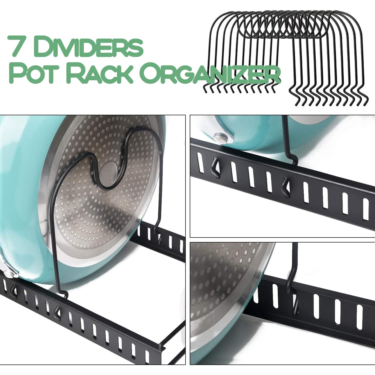 7 Dividers Pot Rack Organizer for Pot Lids Pans Adjustable Pot Organizers for Cabinets, Storage Pan lid Organizer for Dishes, Expansible Pan organizer (Black)