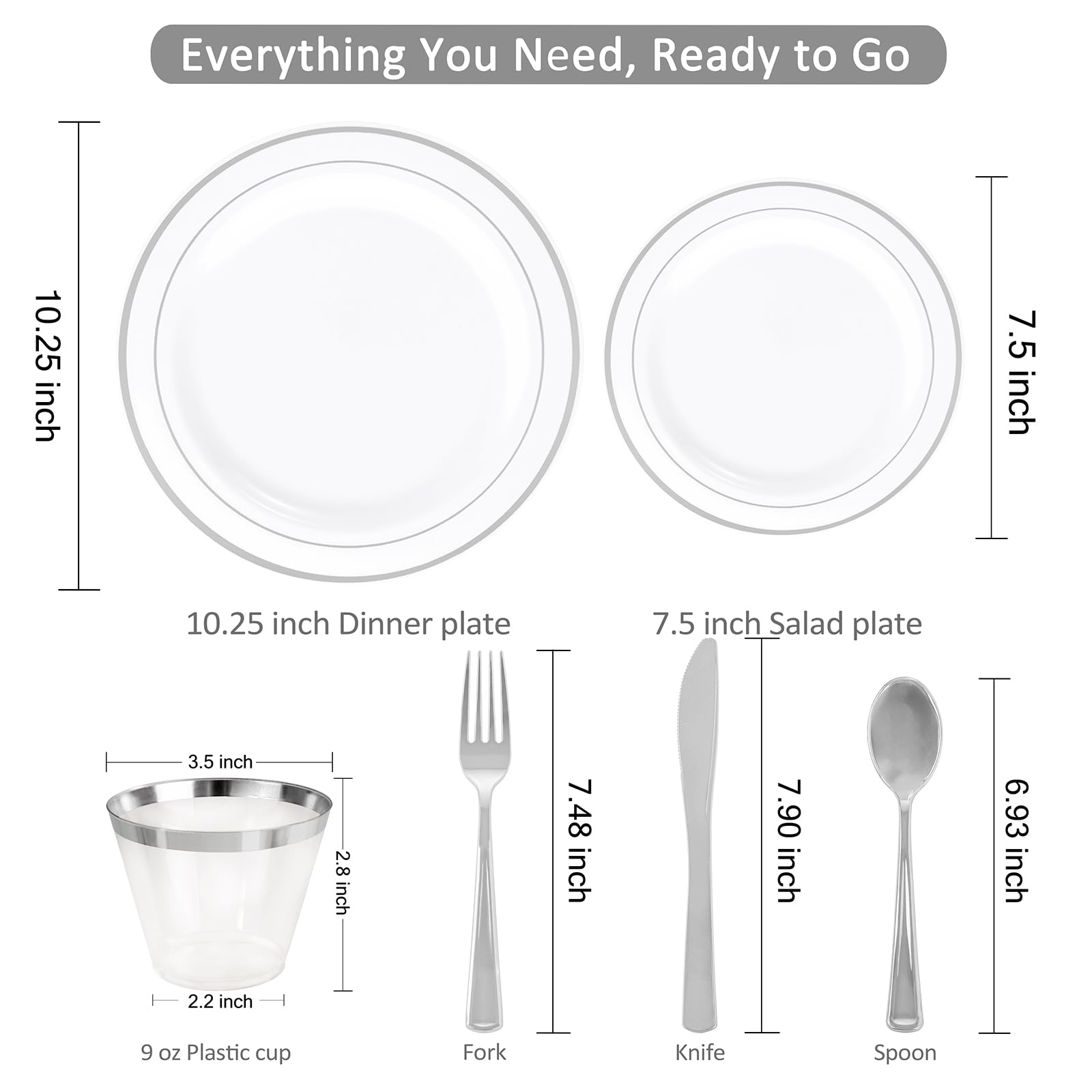 WELLIFE 350Pcs Silver Plastic Plates with Disposable Silverware and Cups, Include: 50 Dinner Plates 10.25β, 50 Dessert Plates 7.5β, 50 Silver Rim Cups 9 OZ, 50 Pre Rolled Napkins Packed in