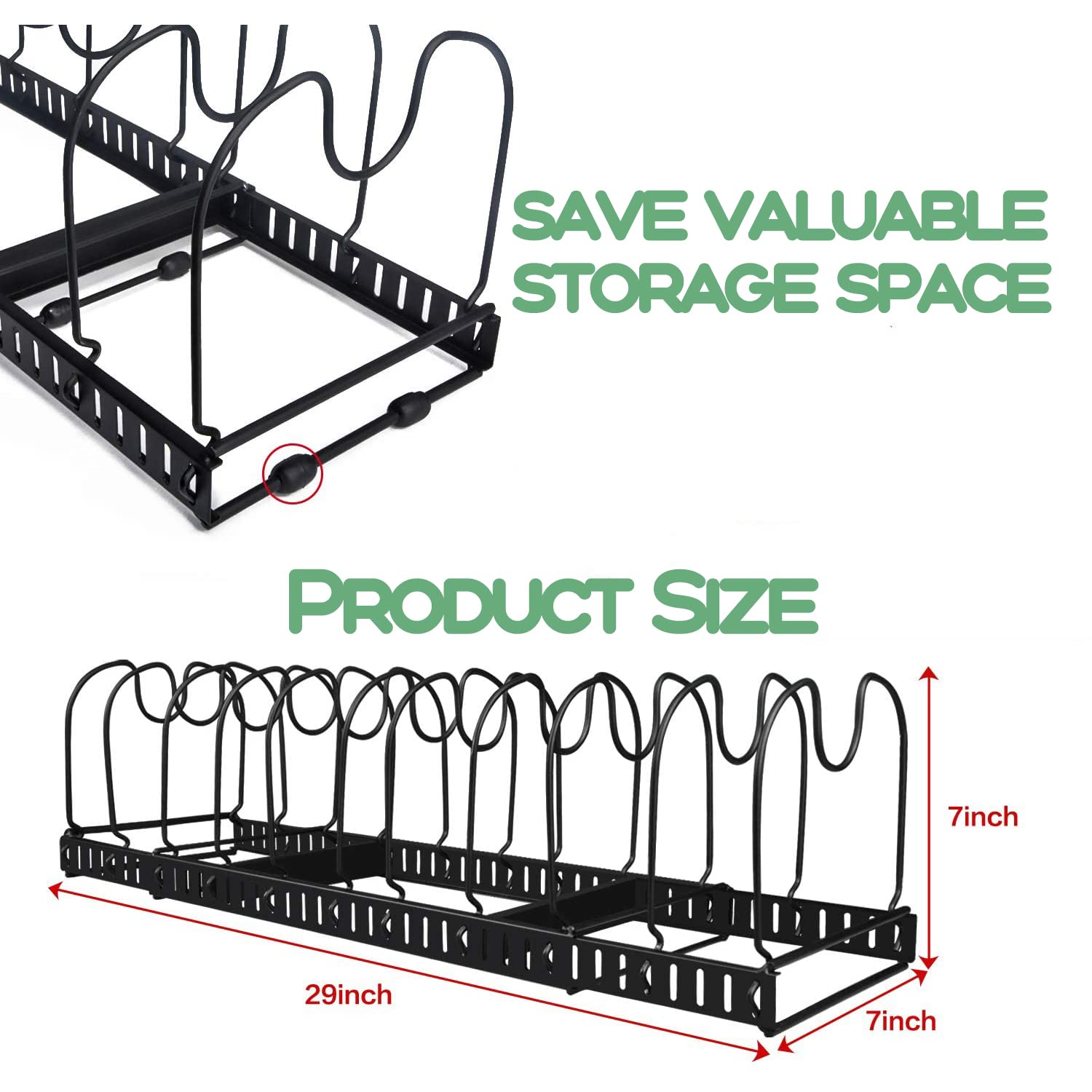 7 Dividers Pot Rack Organizer for Pot Lids Pans Adjustable Pot Organizers for Cabinets, Storage Pan lid Organizer for Dishes, Expansible Pan organizer (Black)