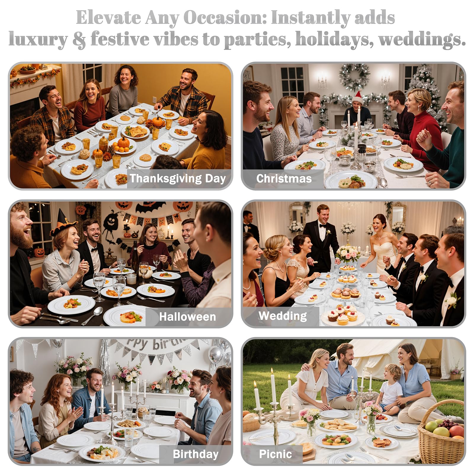WELLIFE 350Pcs Silver Plastic Plates with Disposable Silverware and Cups, Include: 50 Dinner Plates 10.25β, 50 Dessert Plates 7.5β, 50 Silver Rim Cups 9 OZ, 50 Pre Rolled Napkins Packed in