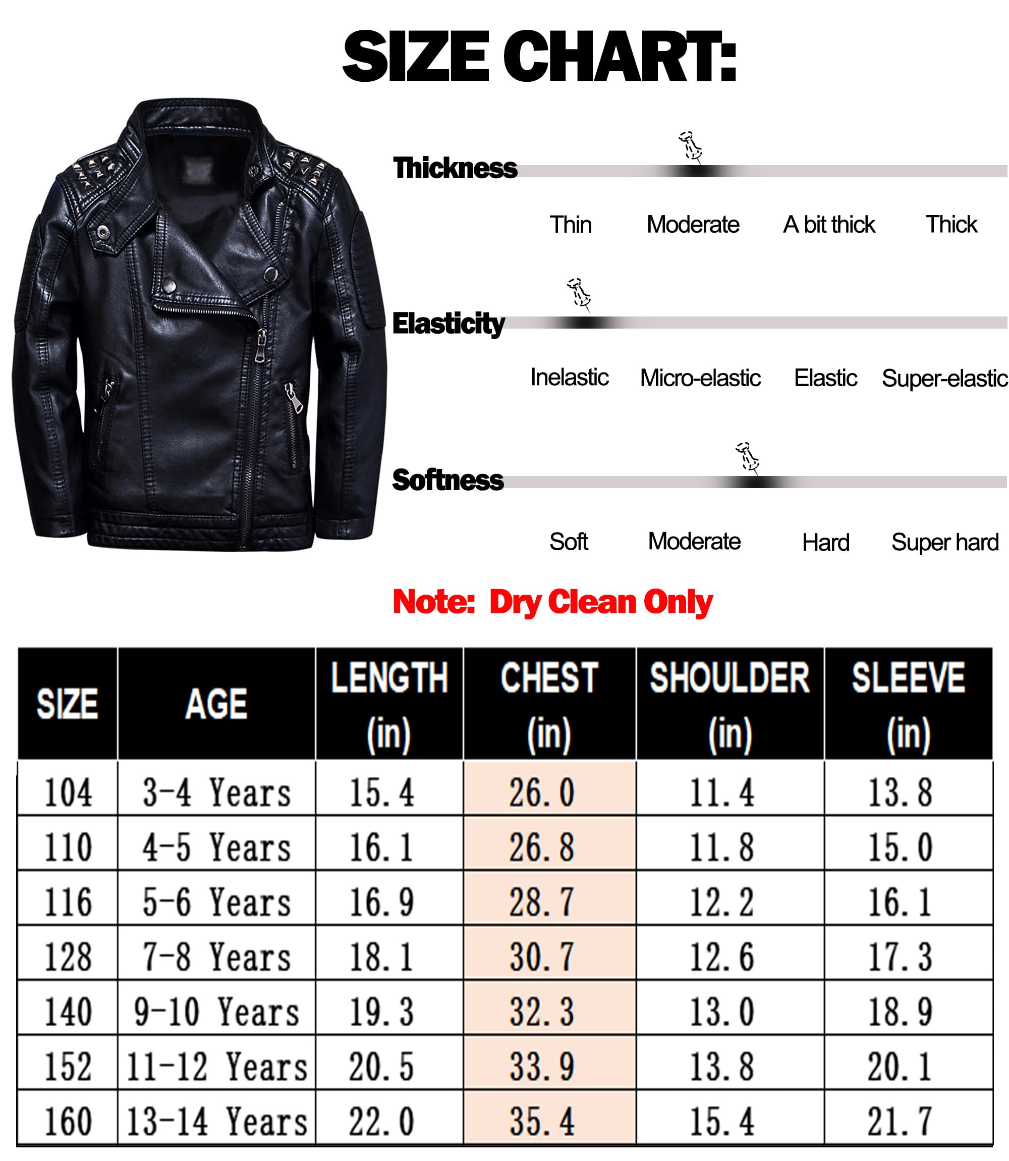 TLAENSON Boys Black Leather Jacket Studded Motorcycle Faux Leather Coat 4-5 Year Size 110