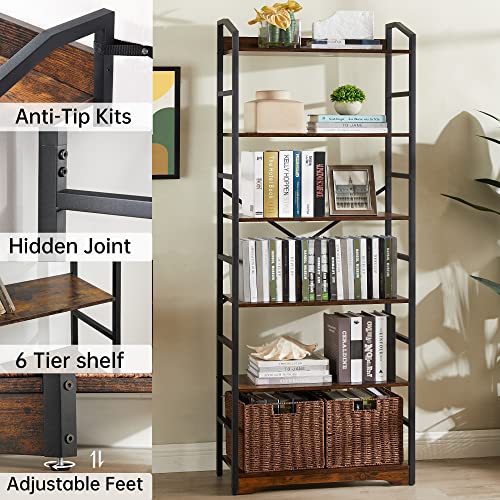 Vagusicc 6 Tier Bookshelf with 2 Storage Baskets, Tall Bookcase Shelf Storage Organizer Wood Book Shelf, Modern Shelf Rack Shelves with Steel Frame, Multipurpose Bookshelf for Bedroom Living Room
