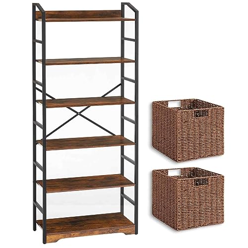 Vagusicc 6 Tier Bookshelf with 2 Storage Baskets, Tall Bookcase Shelf Storage Organizer Wood Book Shelf, Modern Shelf Rack Shelves with Steel Frame, Multipurpose Bookshelf for Bedroom Living Room