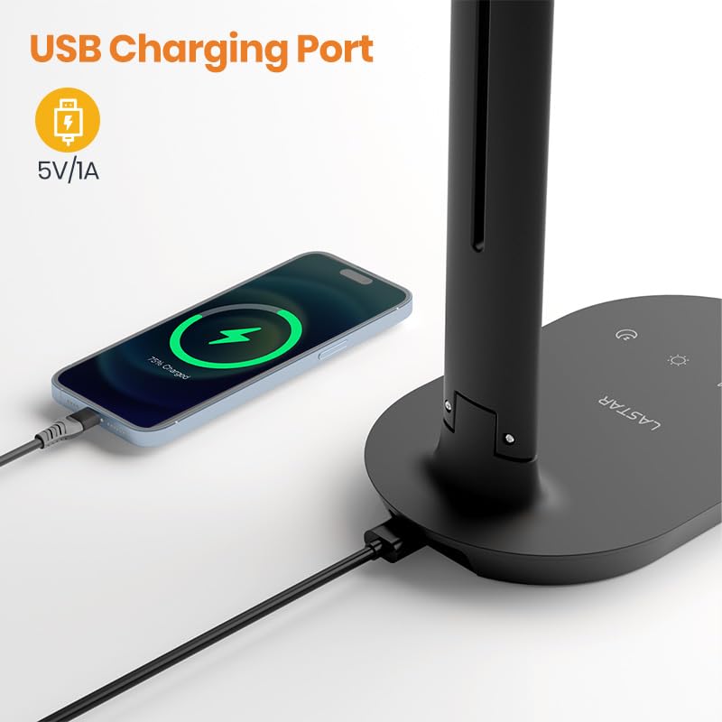 LASTAR LED Desk Lamp, Dimmable Eye-Protecting Table Lamps with Night Light, USB Charging Port, 4 Color Temperature Modes, 5 Brightness Levels, 1H Timer, Touch Control for Home Office Bedroom
