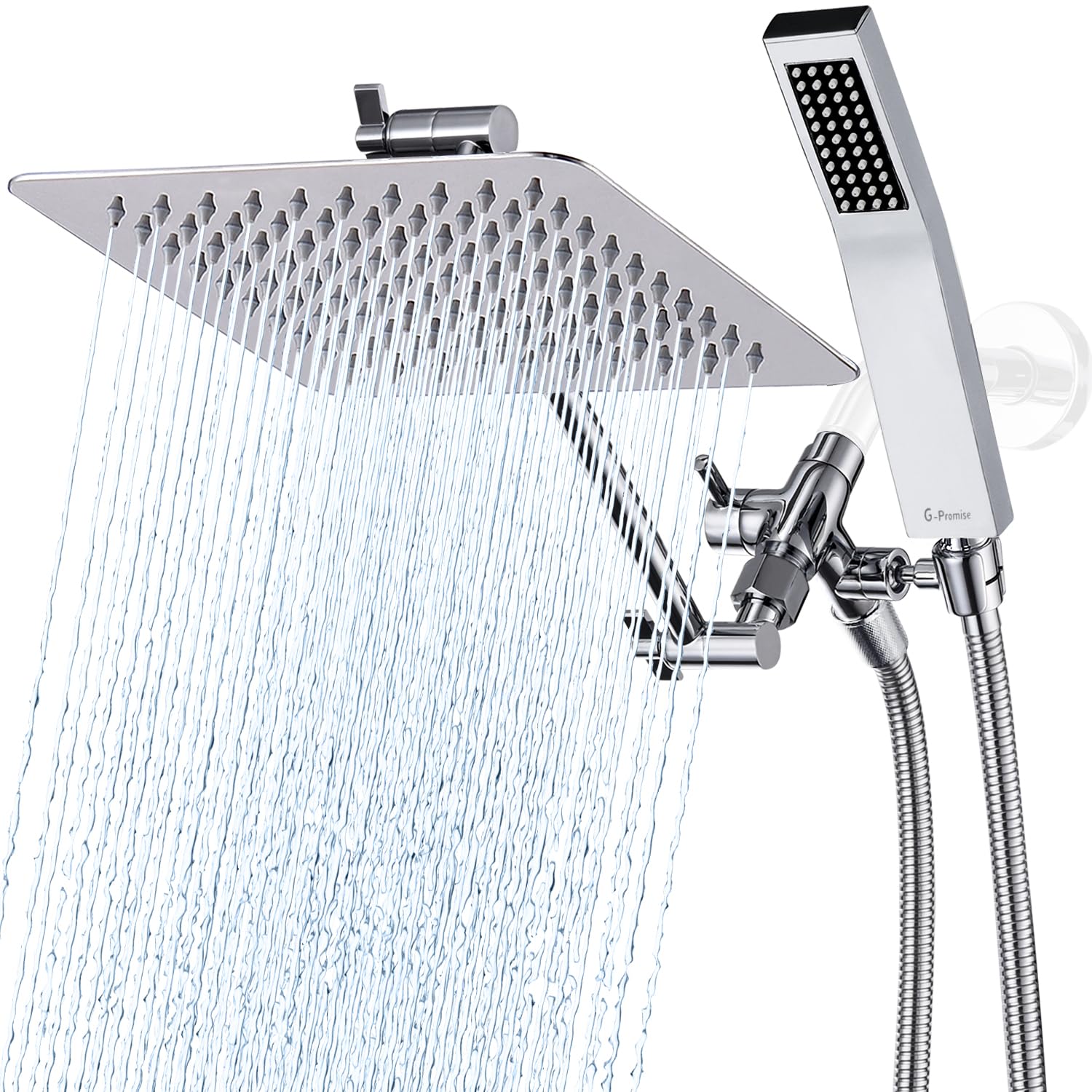 G-Promise All Metal Dual Square Shower Head Combo | 8" Rain Shower Head | Handheld Shower Wand with 71" Extra Long Flexible Hose | Smooth 3-Way Diverter | Adjustable Extension Arm - A Bathroom Upgrade