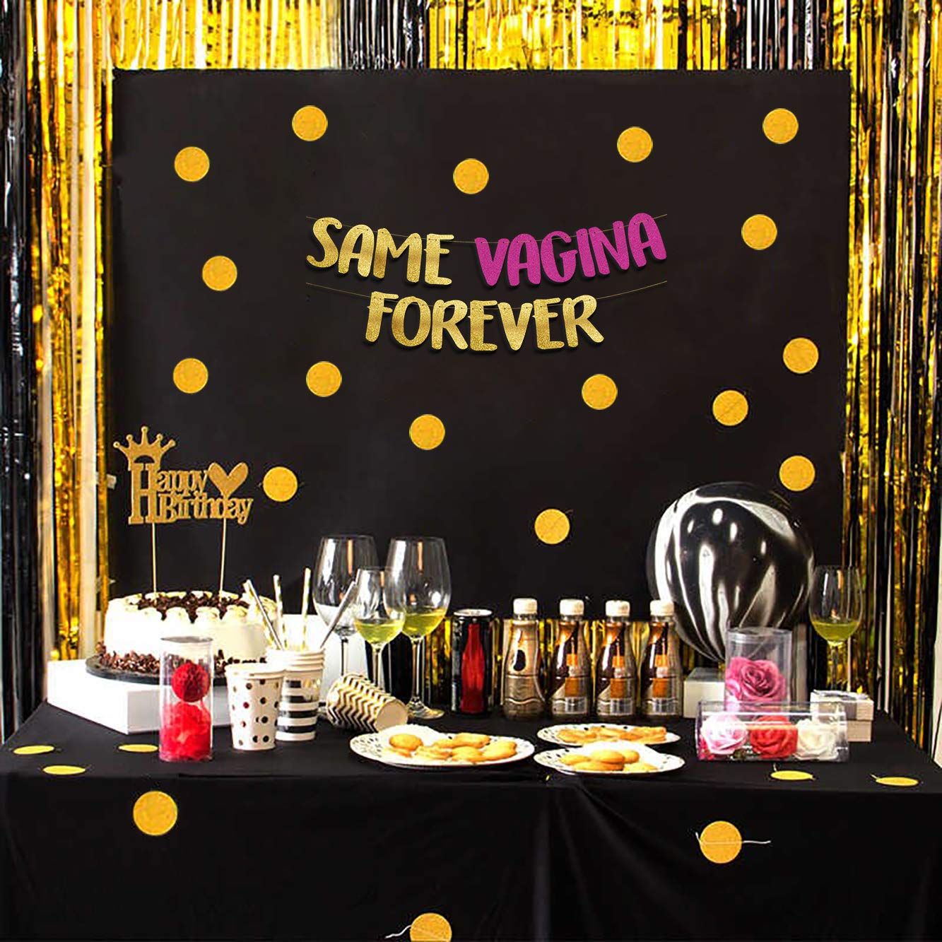 Same Vagina Forever Gold & Pink Glitter Banner - Funny Bachelor & Lesbian Bachelorette Party Ideas, Supplies, Gifts, Decorations and Favors - Drinking Game