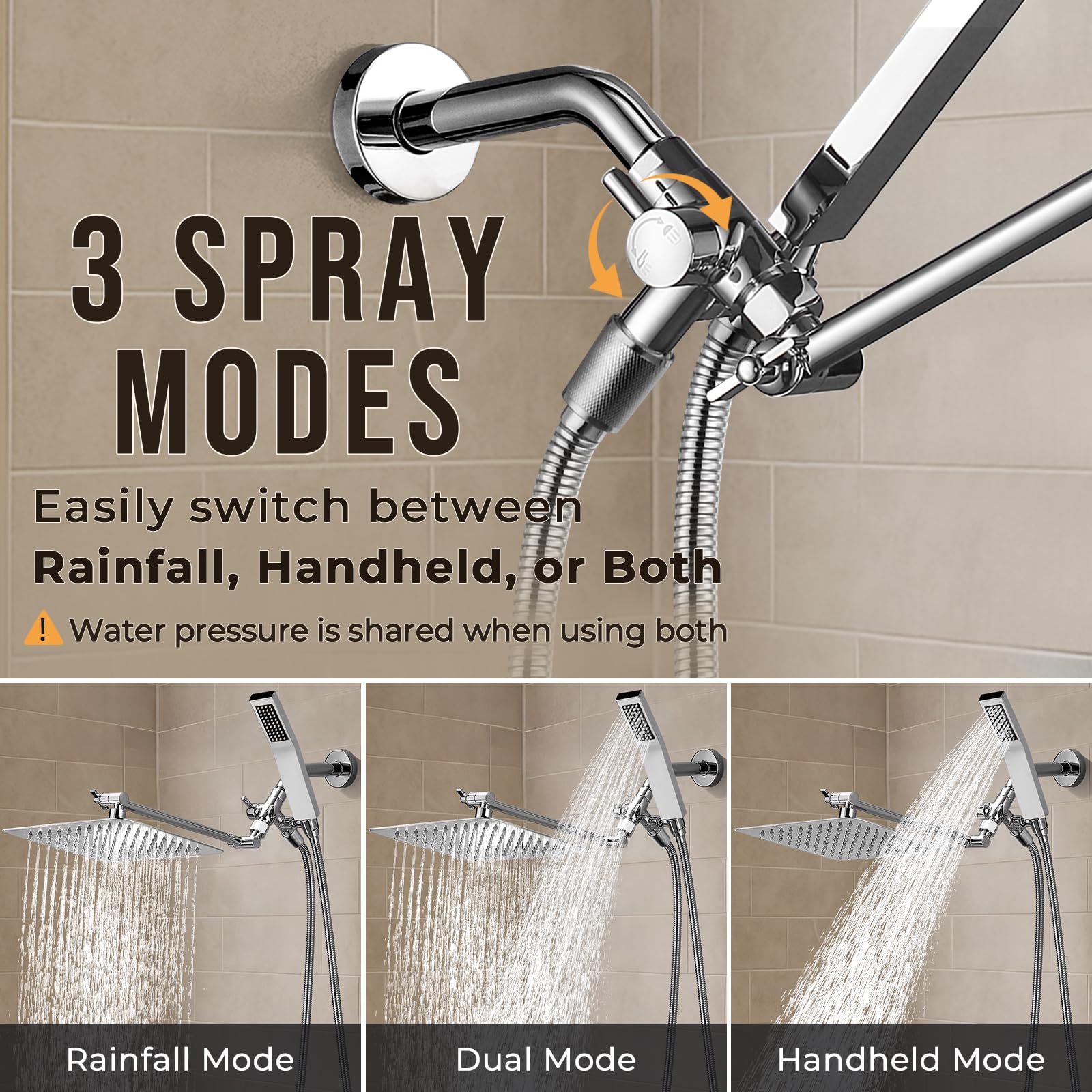 G-Promise All Metal Dual Square Shower Head Combo | 8" Rain Shower Head | Handheld Shower Wand with 71" Extra Long Flexible Hose | Smooth 3-Way Diverter | Adjustable Extension Arm - A Bathroom Upgrade