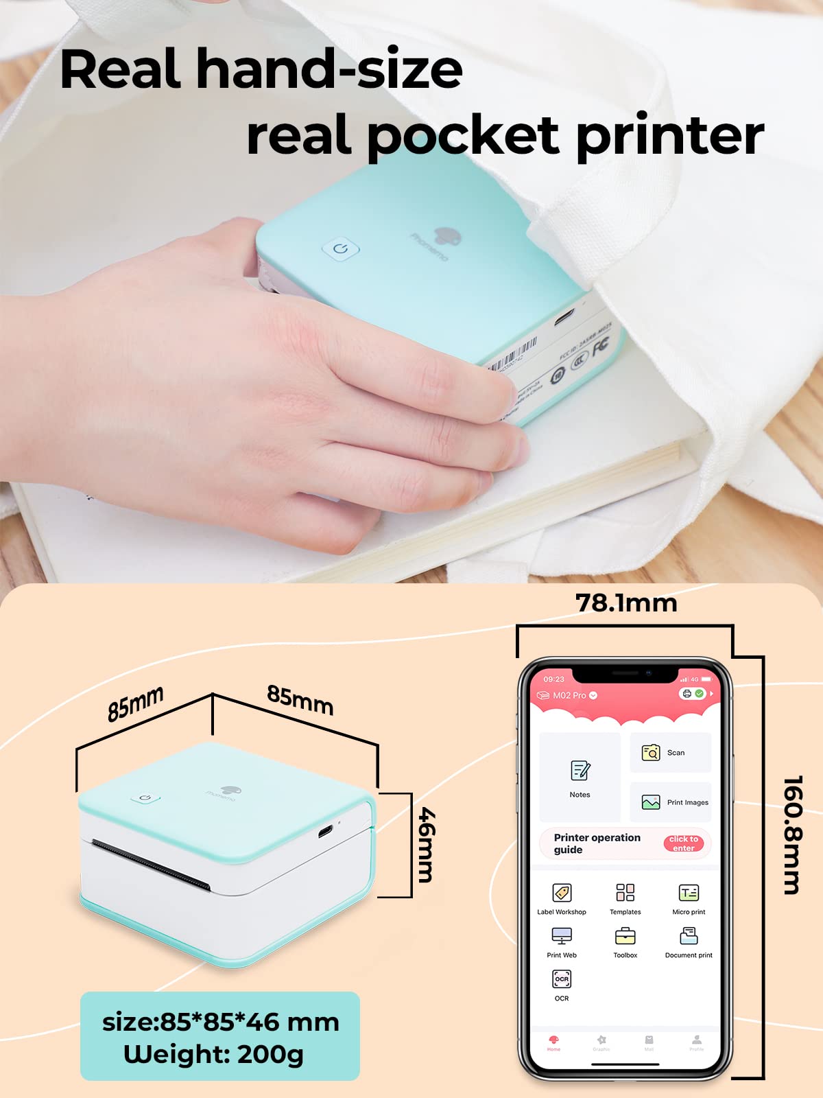 Phomemo M02Pro 300DPI Mini Pocket Printer - Bluetooth Thermal Printer, 15/25/50mm Label Maker, Compatible with iOS & Android, Wireless Photo Printer for Phone,Journal, Fun Gift, Work List -Green