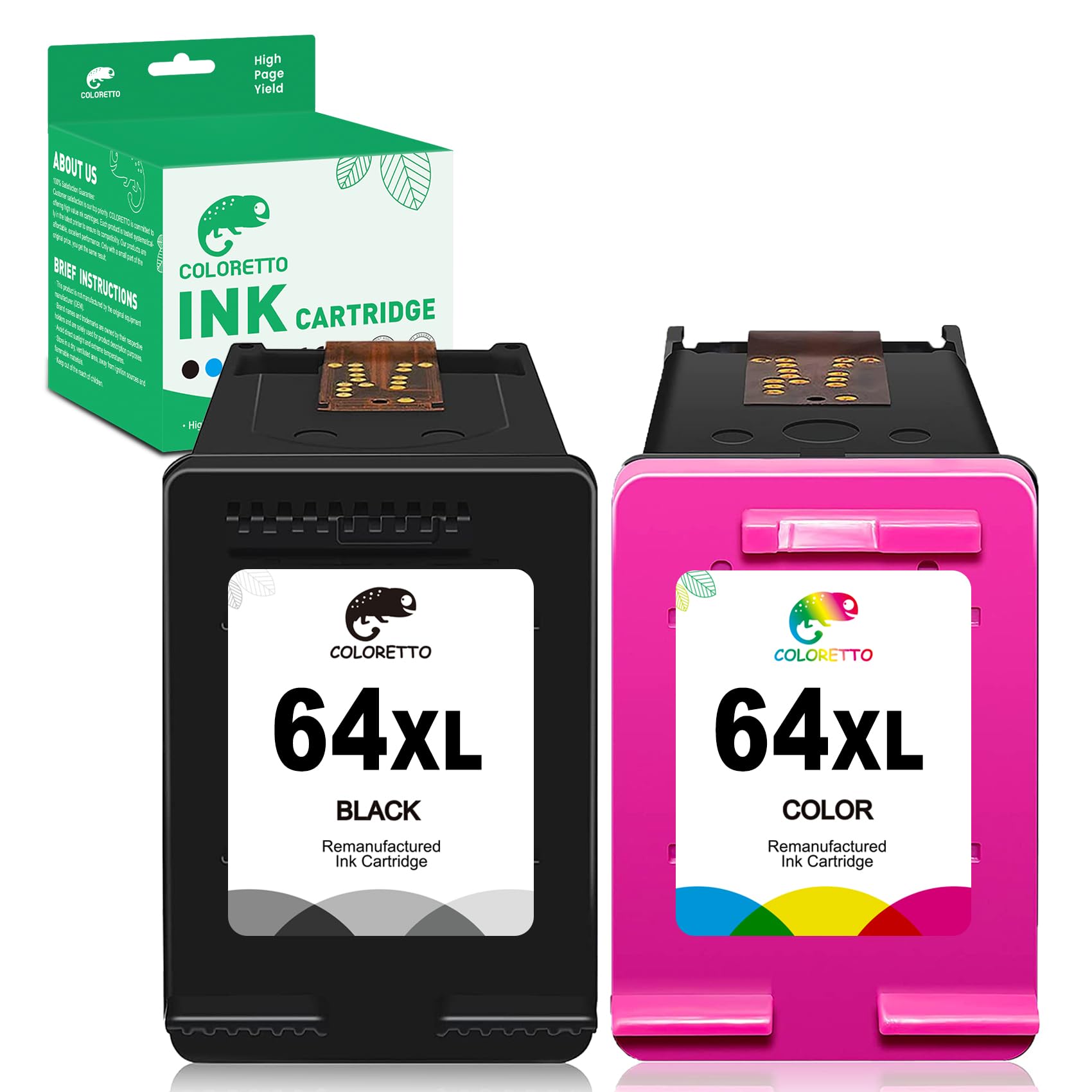 COLORETTO Remanufactured Printer Ink Cartridge Replacement for Hp 64XL 64 XL to use with Envy Photo 7855 7155 6255 7120 7858 6252 6222 6220 6230 Tango X(1 Black,1 Color) Combo Pack