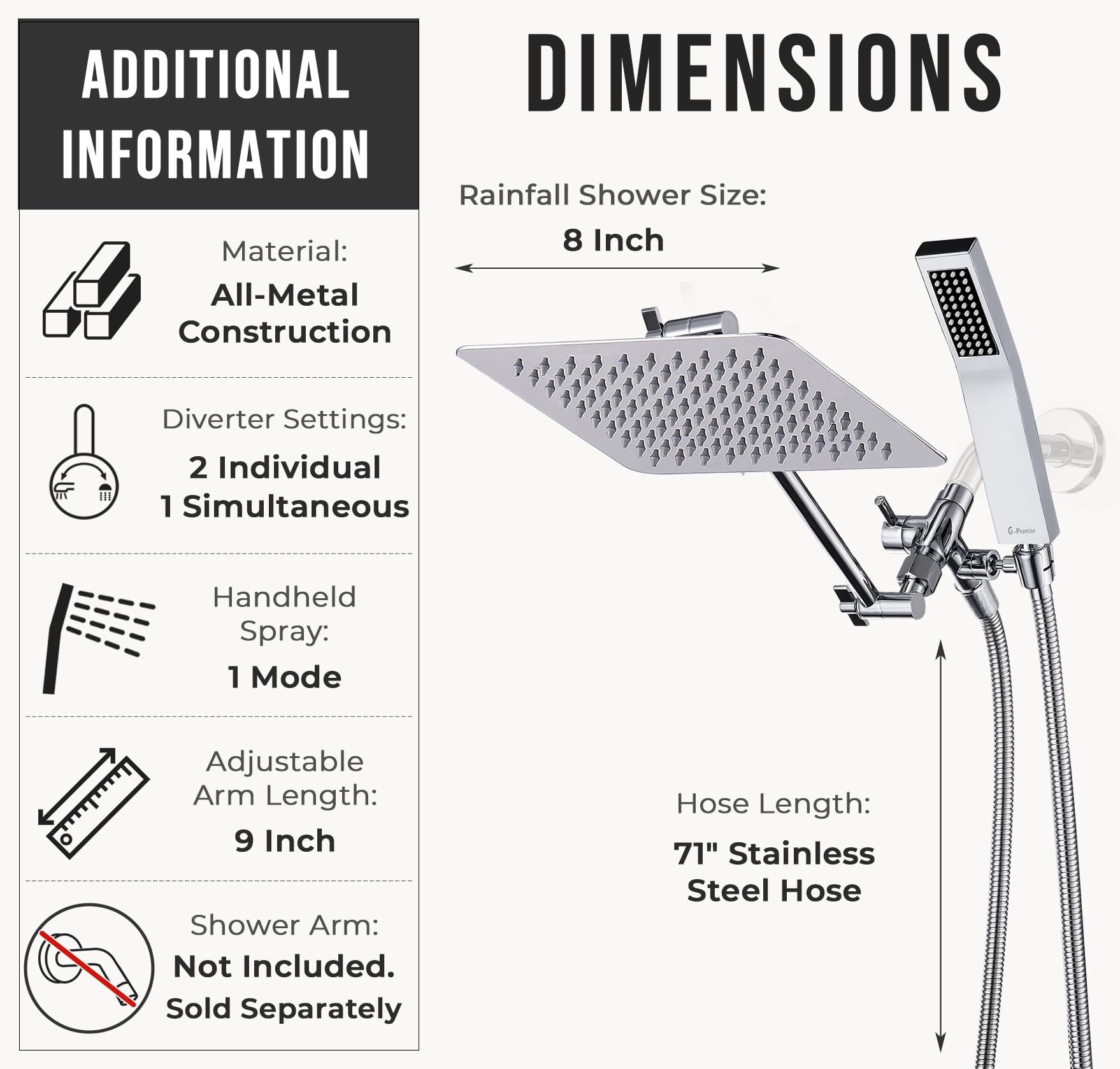 G-Promise All Metal Dual Square Shower Head Combo | 8" Rain Shower Head | Handheld Shower Wand with 71" Extra Long Flexible Hose | Smooth 3-Way Diverter | Adjustable Extension Arm - A Bathroom Upgrade