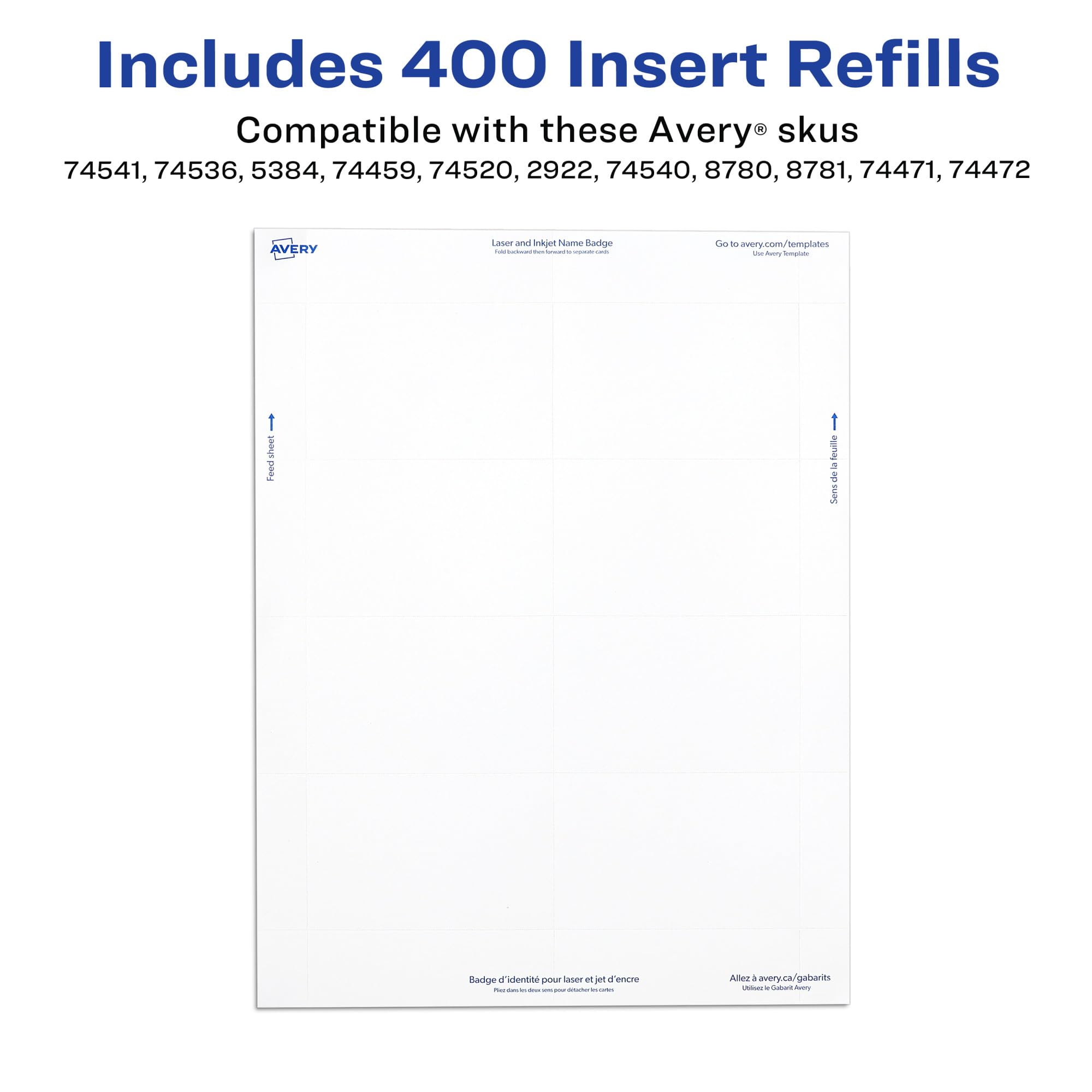 Avery Name Badge Inserts, Print or Write, 3 x 4 Inch, 300 Card Stock Refills (5392), White