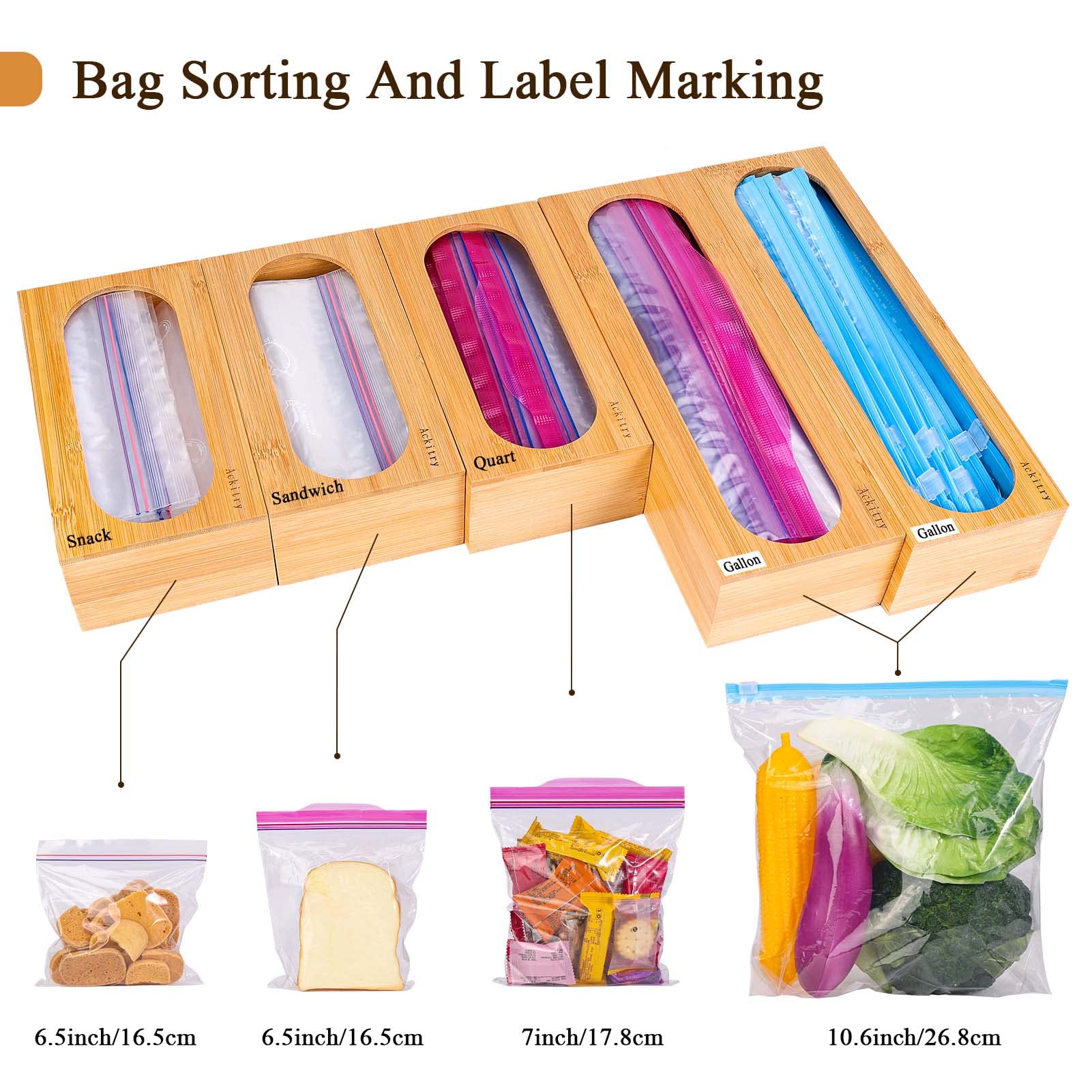 Ackitry Ziplock Bag Storage Organizer for Kitchen Drawer, 5 Pc Bamboo Premium Food Storage Bag Organizer Holders and Dispenser Compatible with Gallon, Quart, Sandwich, Snack, Candy Variety Size Bags