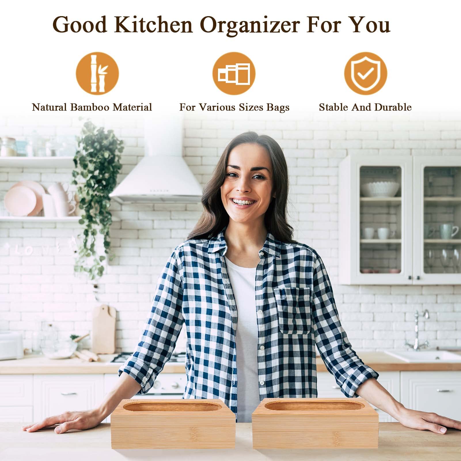 Ackitry Ziplock Bag Storage Organizer for Kitchen Drawer, 5 Pc Bamboo Premium Food Storage Bag Organizer Holders and Dispenser Compatible with Gallon, Quart, Sandwich, Snack, Candy Variety Size Bags