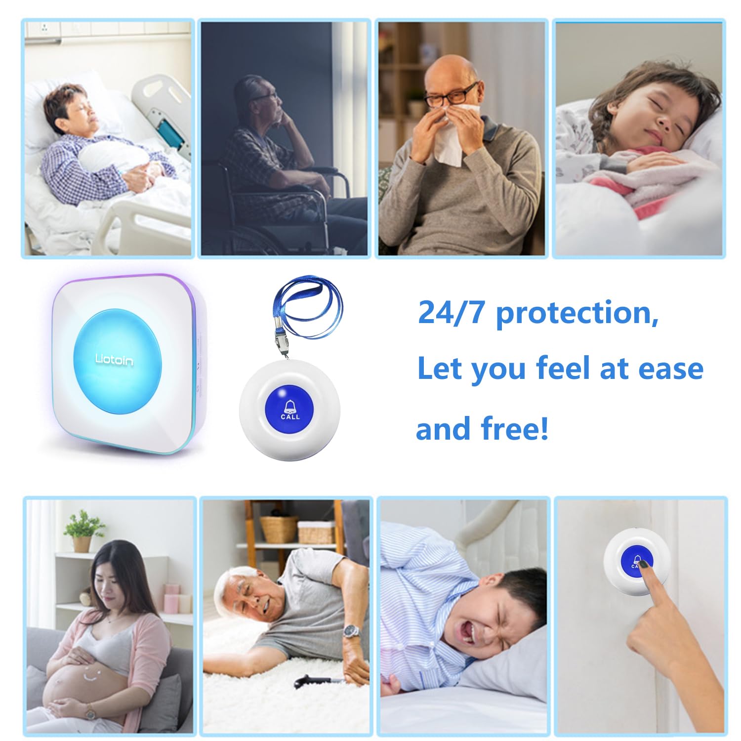 liotoin Wireless Caregiver Pager Call Button Nurse Alert System Call Bell for Home/Elderly/Patients/Disabled 4 Transmitters 4 Plugin Receivers (with Color Light Flashing Reminder)