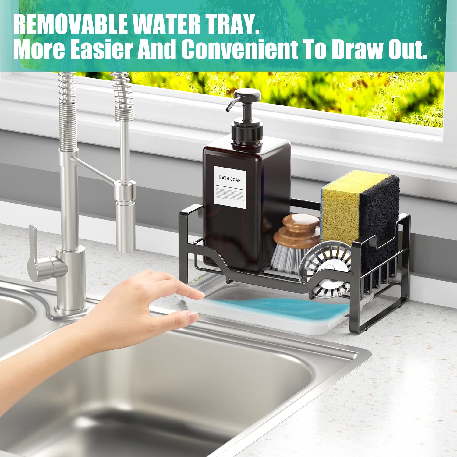 Dish Sponge Holder for Kitchen Sink, Black Kitchen Sink Organizer Dish Racks, Stainless Steel Kitchen Sink Caddy for Countertop, Brush Kitchen Sink Sponge Holder Storage with Drain Tray