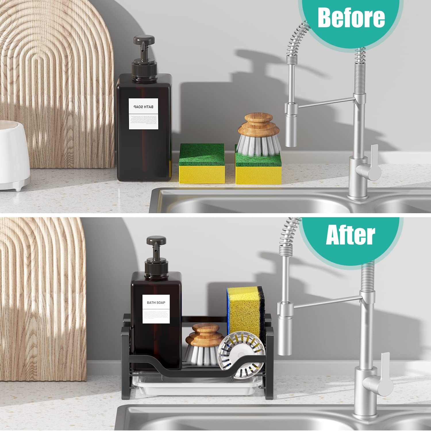 Dish Sponge Holder for Kitchen Sink, Black Kitchen Sink Organizer Dish Racks, Stainless Steel Kitchen Sink Caddy for Countertop, Brush Kitchen Sink Sponge Holder Storage with Drain Tray