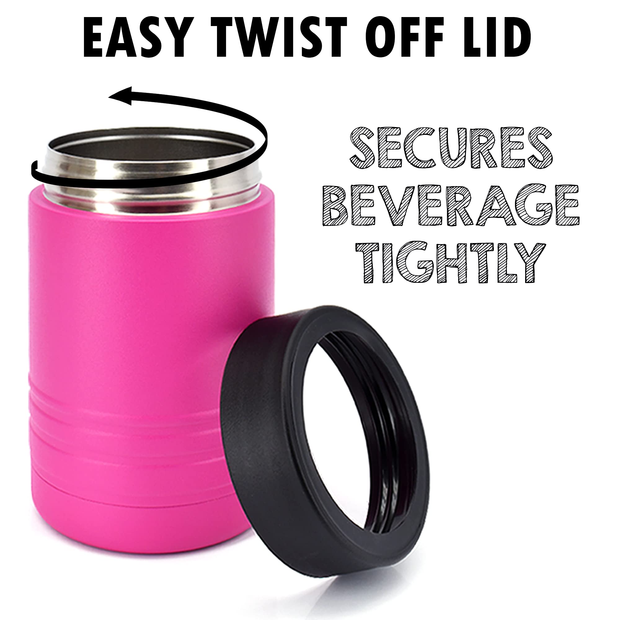 Clear Water Home Goods 4-in-1 Stainless Steel 12 oz Double Wall Vacuum Insulated Can or Bottle Cooler Keeps Beverage Cold for Hours - Also Fits 16 oz Cans - Powder Coated Pink