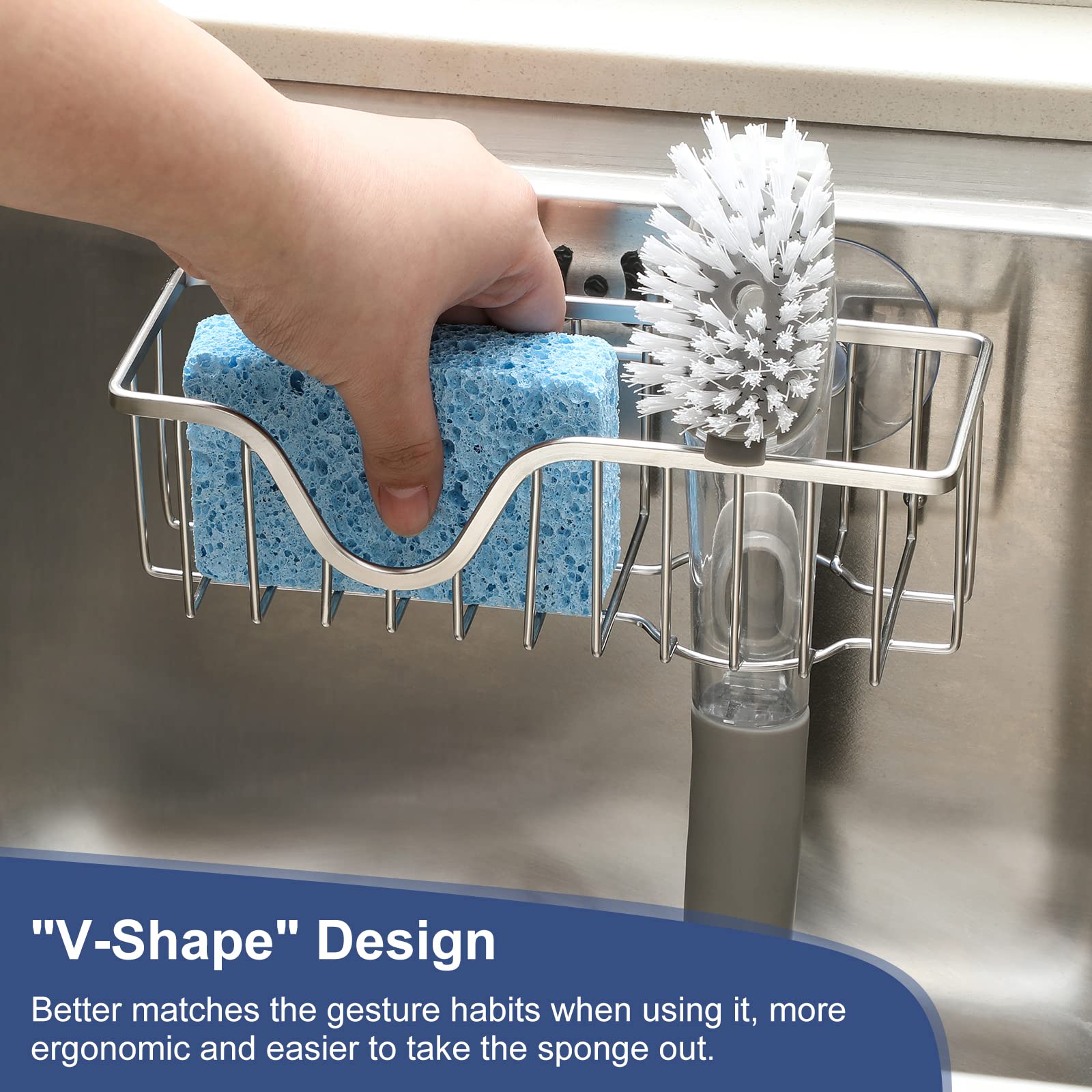 Sponge Holder for Kitchen Sink with Adhesive Hook & Suction Cups - 2 IN 1 Sink Caddy for Sponges, Dish Brush, Scrubbers, Soap - 304 Stainless Steel Kitchen Bathroom Organizer Accessories - Polished