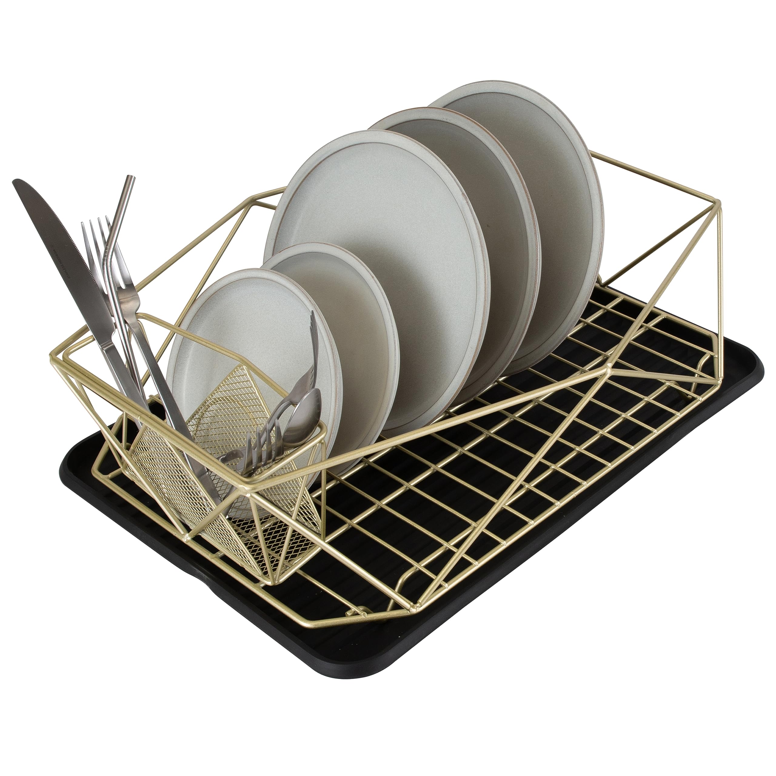 Kitchen Details Utensil Holder Tray Geode Deluxe Dish Drying Rack with Drain Board, Cutlery Basket, Iron Frame, Satin Gold