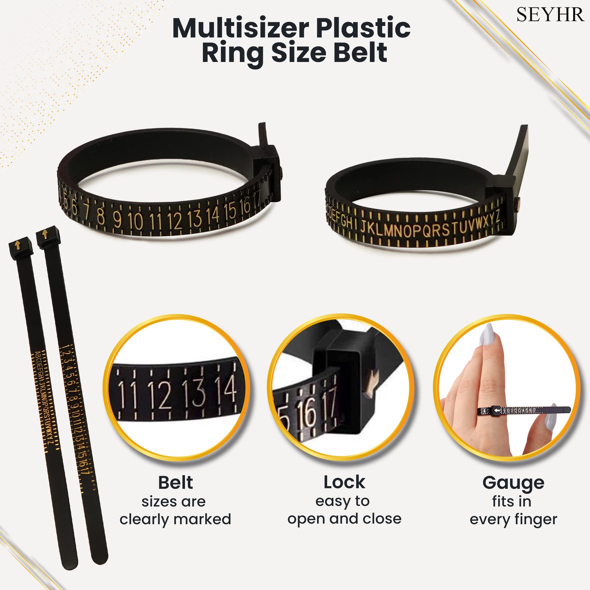 SEYHR Ring Sizer Measuring Tool Set with Ring Mandrel US Size 1-13 EU 41-76 Black Ring Sizing Kit & Transparent Ring Sizer Adjuster for Loose Rings with Microfiber Polishing Cloth