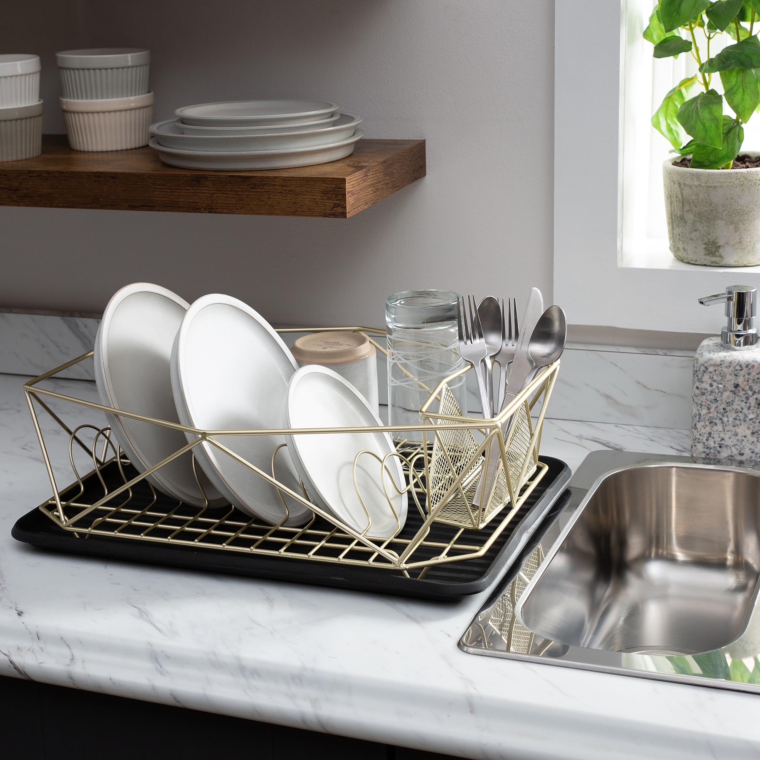 Kitchen Details Utensil Holder Tray Geode Deluxe Dish Drying Rack with Drain Board, Cutlery Basket, Iron Frame, Satin Gold