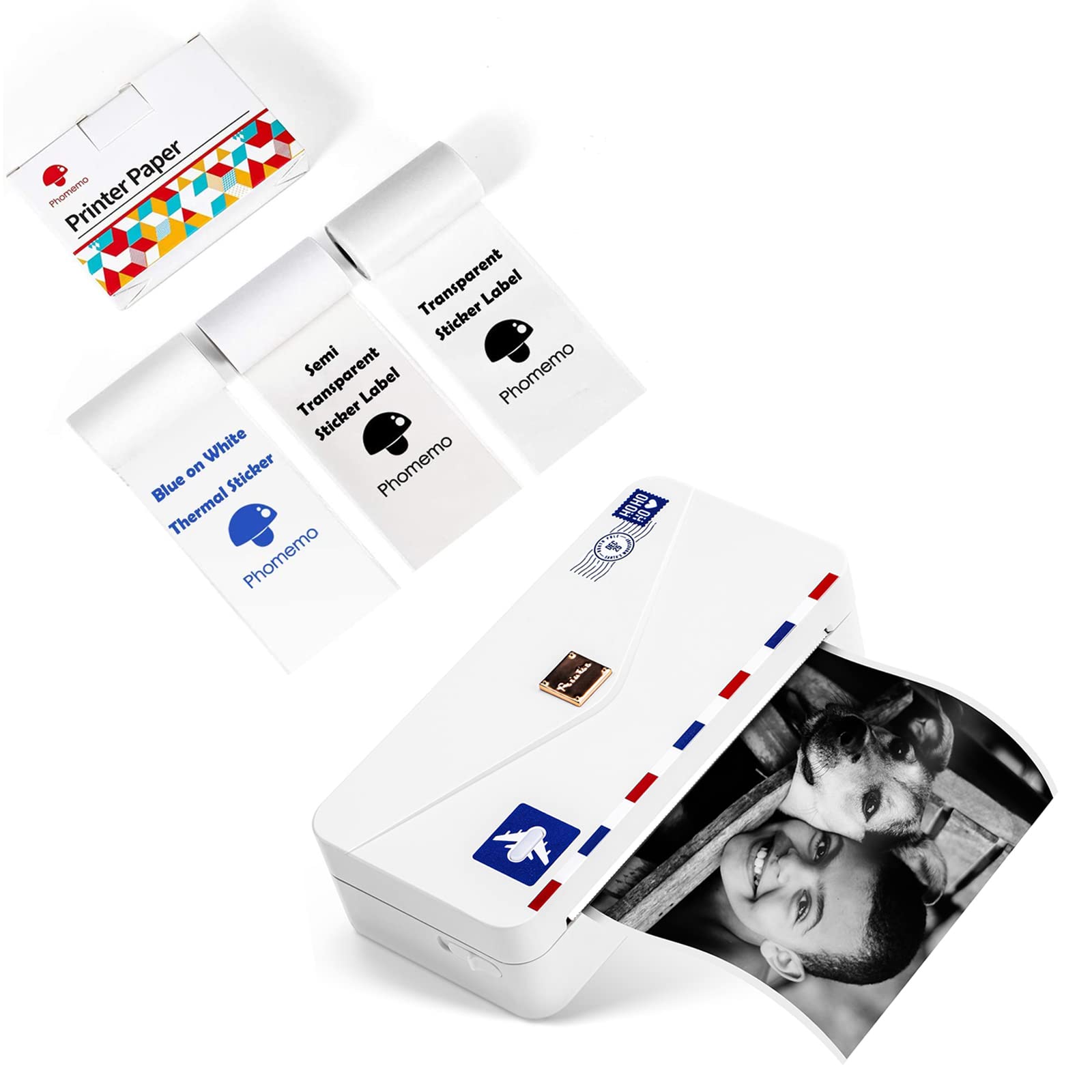 Memoqueen M04AS Mini Sticker Printer Thermal Wireless Portable Printer for iPhone with 3 Rolls Transparent/Blue on White Sticker/Semi-Transparent Paper, Compatible with iOS & Android
