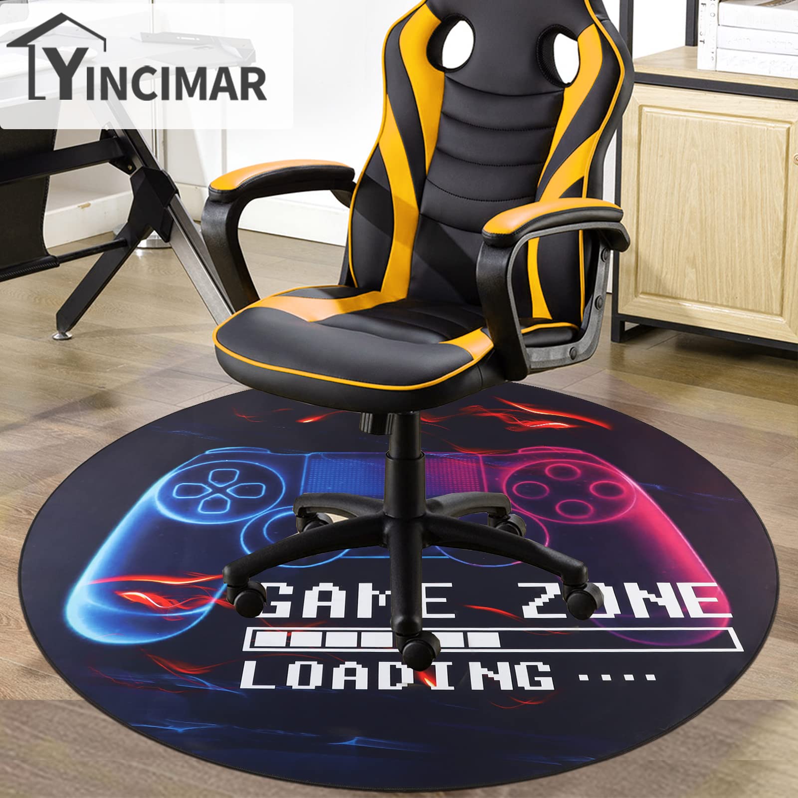 Yincimar Gaming Chair Mat for Hardwood Floor,Anti-Slip Floor Protector Game Controller Rubber Gaming Computer Chair Mat for Gaming Room Home Office Decor (Round 47 inches,Black)