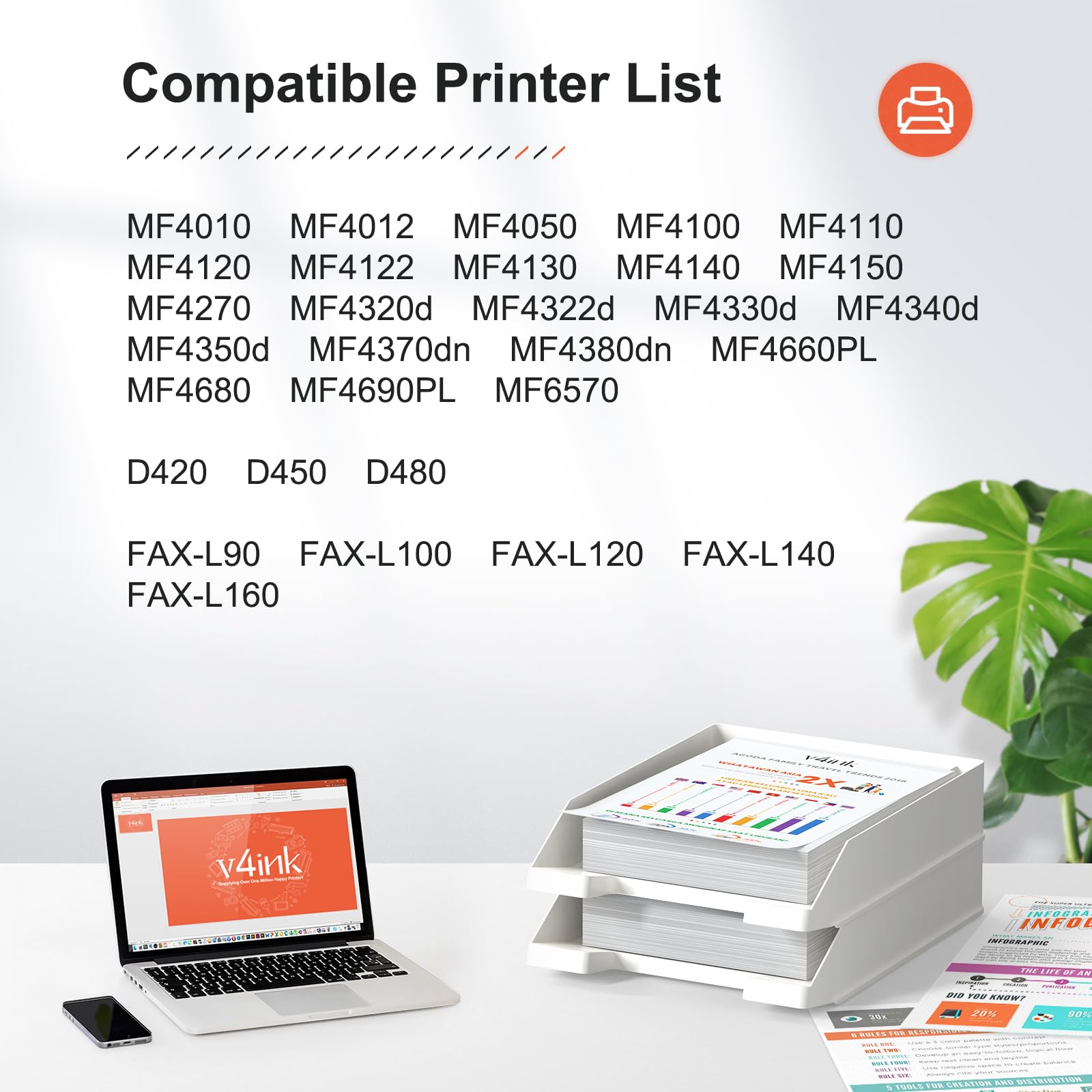 V4INK 4-Pack Compatible Toner Cartridge Replacement for Canon 104 CRG-104 FX-9 FX-10 Toner Cartridge Ink for use in Canon Imageclass D420 D450 D480 MF4150 MF4350D MF4270 MF4370DN MF4380DN Printer