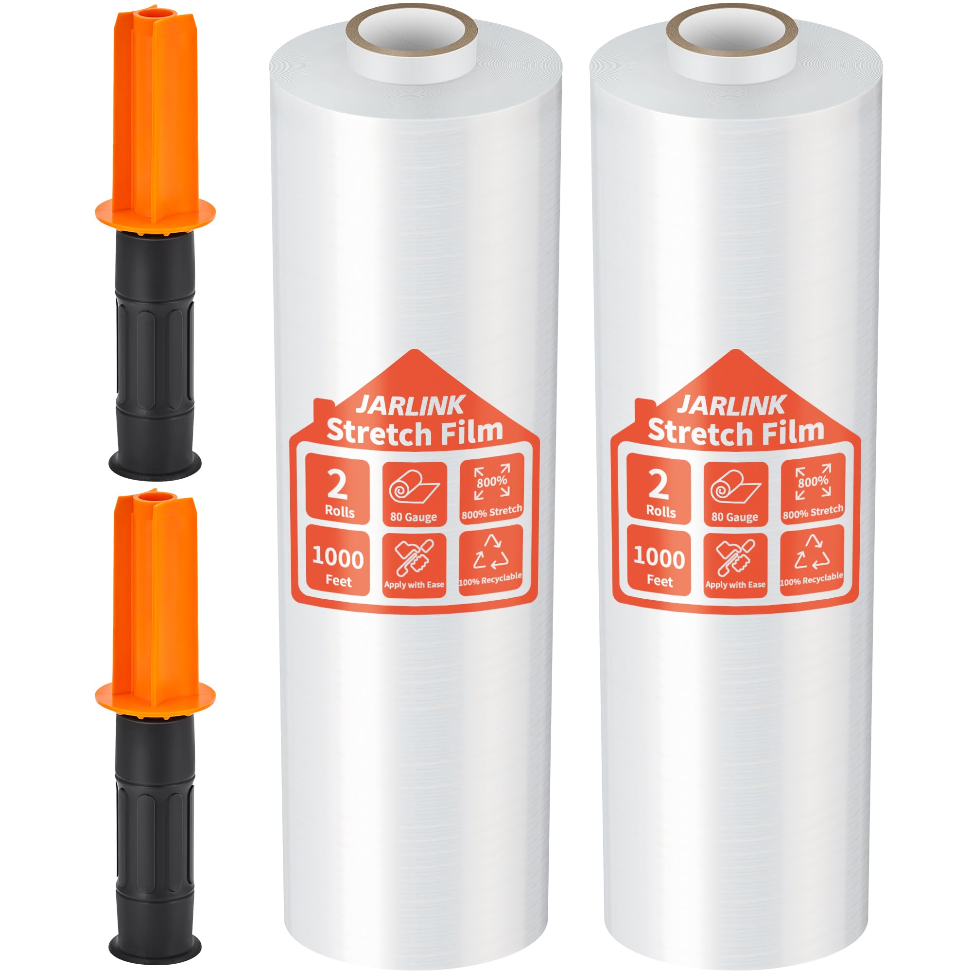 JARLINK Stretch Film, 15 Inch x 1000 Feet Shrink Wrap for Pallet Wrap, Industrial Strength Stretch Wrap up to 800% Stretch with Handles, Moving Wrapping Plastic Roll, 80 Gauge, 2 Pack
