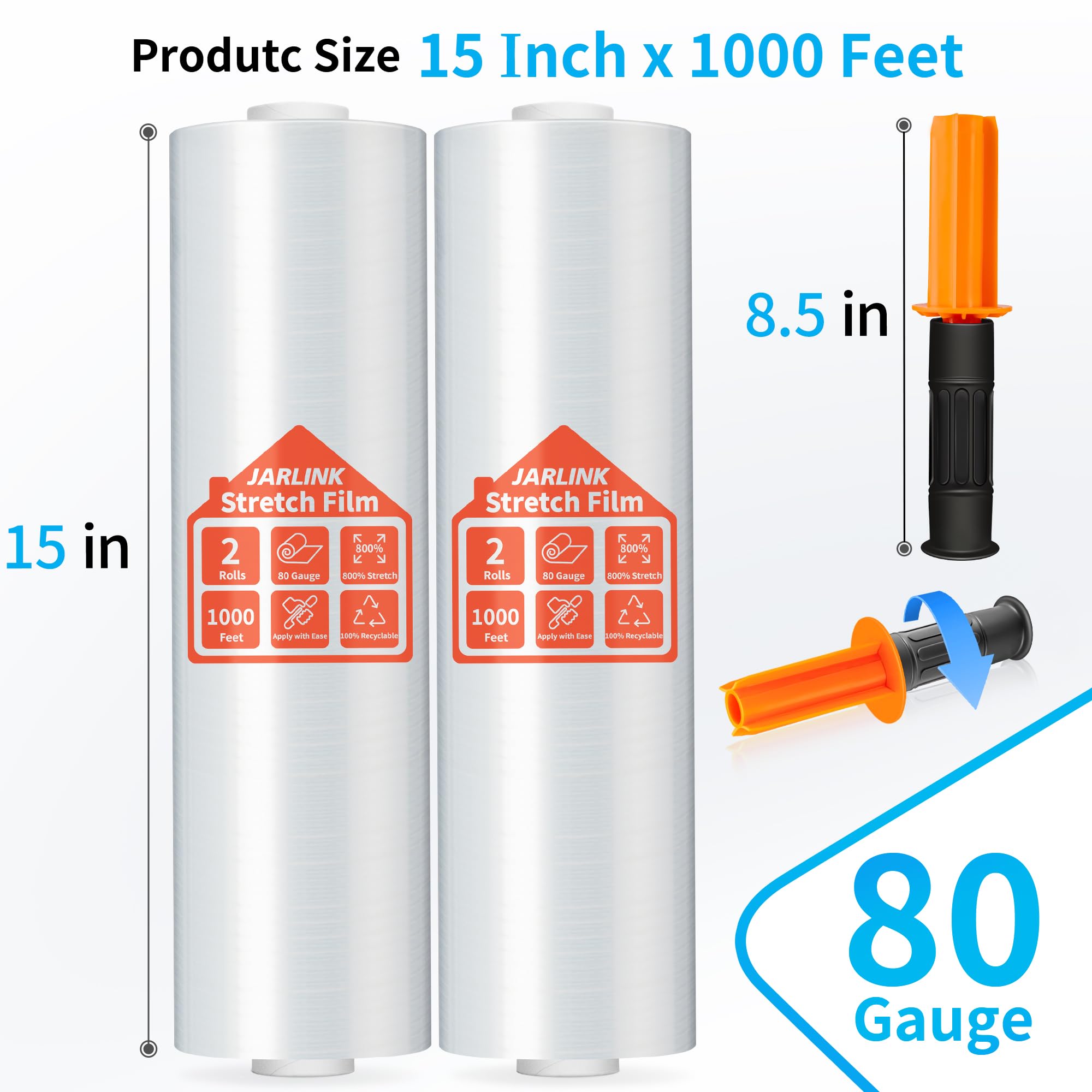 JARLINK Stretch Film, 15 Inch x 1000 Feet Shrink Wrap for Pallet Wrap, Industrial Strength Stretch Wrap up to 800% Stretch with Handles, Moving Wrapping Plastic Roll, 80 Gauge, 2 Pack
