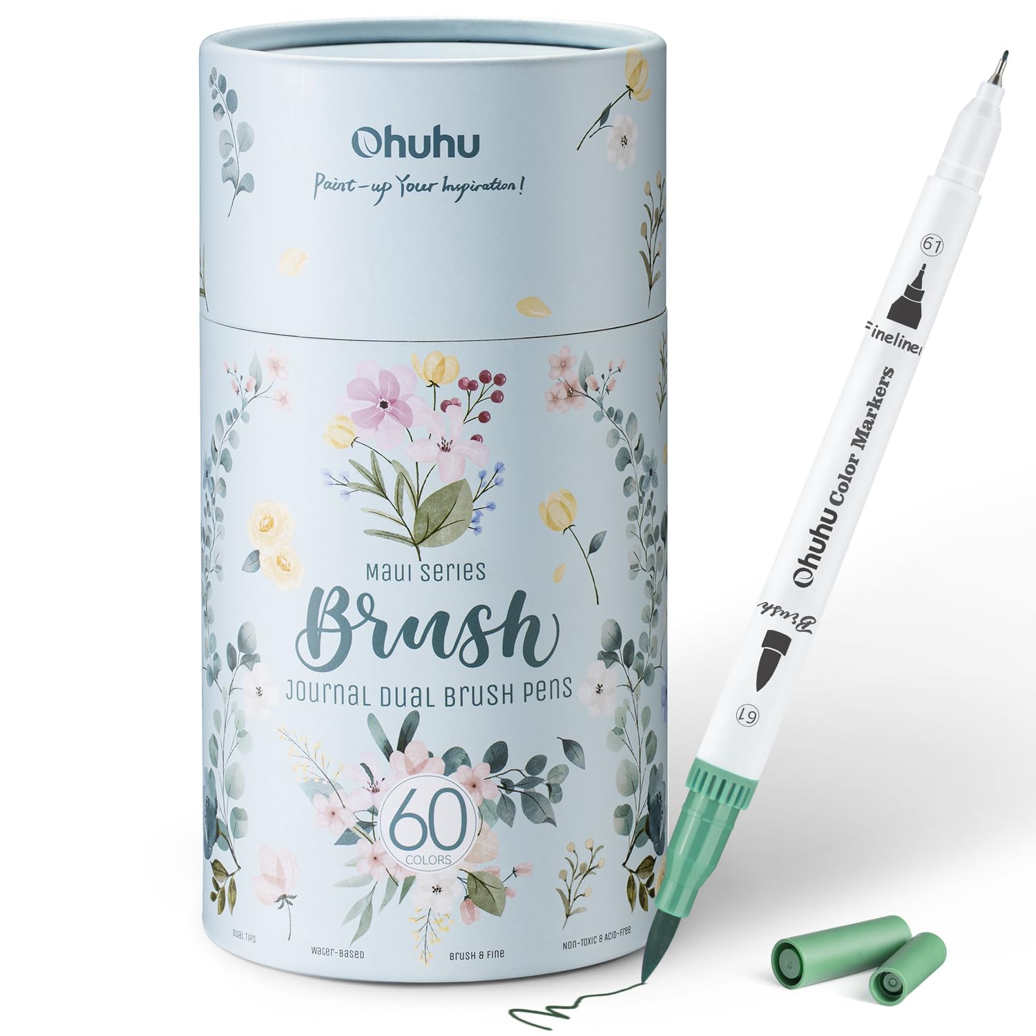 Ohuhu Markers for Adult Coloring Books: 60 Colors Dual Brush Fine Tips Art Marker Pens - Watercolor Markers for Kids Adults Lettering Drawing Sketching Bullet Journal - Non-Bleed Non-Toxic - White