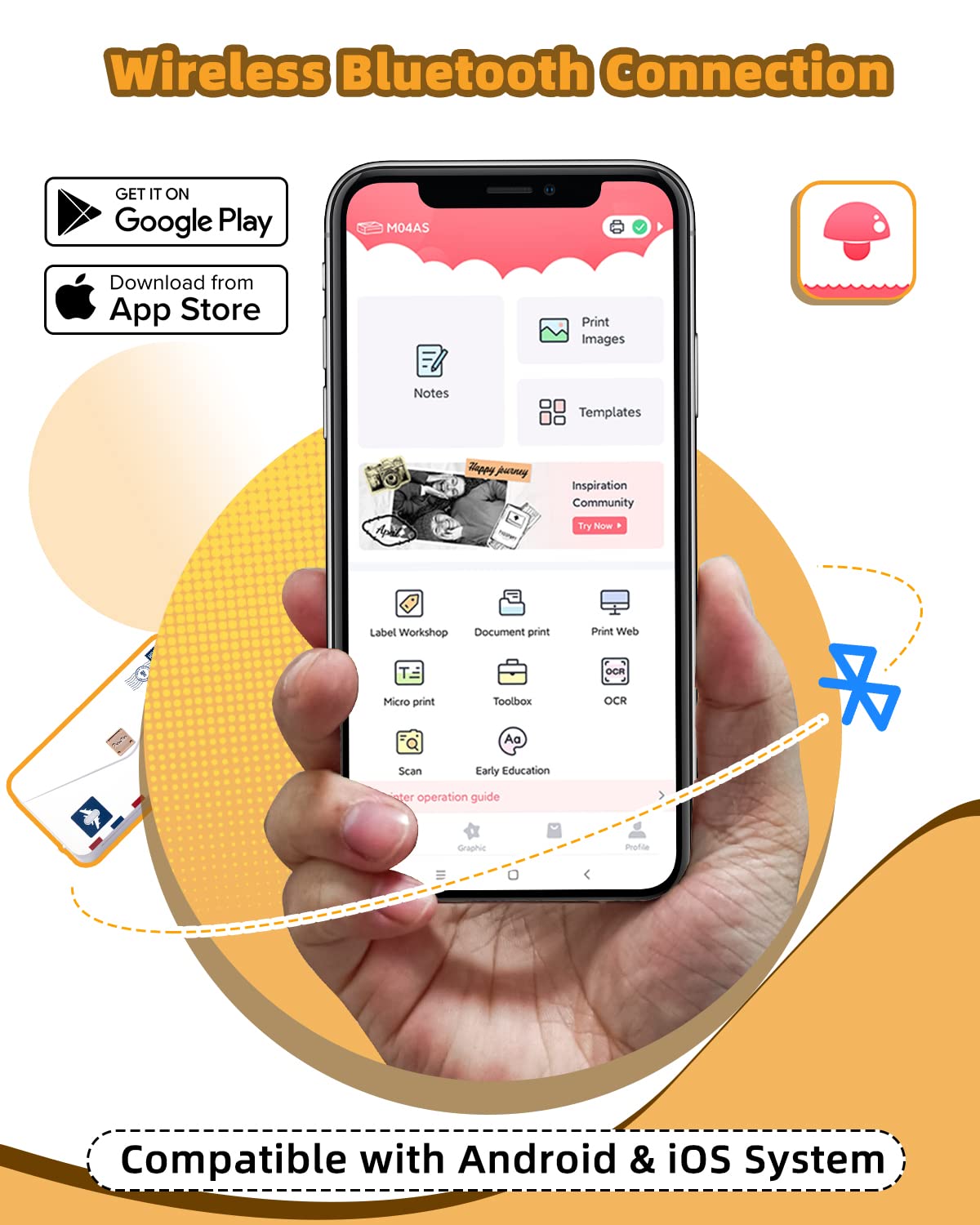 Memoqueen M04AS Mini Sticker Printer Thermal Wireless Portable Printer for iPhone with 3 Rolls Transparent/Blue on White Sticker/Semi-Transparent Paper, Compatible with iOS & Android