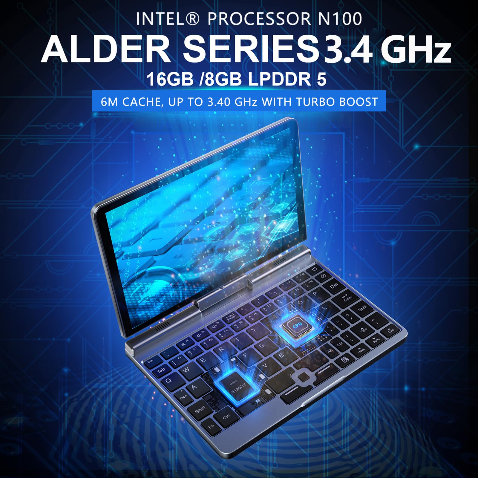 Mini Laptop 8 inch HD Touchscreen Portable 2 in 1 Computer, Windows 11 Pro Small Gaming Laptop,Intel N100 12 GB LPDDR5 1 TB M.2 SSD,WiFi 6,BT5.2 2 MP Camera,G-Sensor,HDMI,Type C