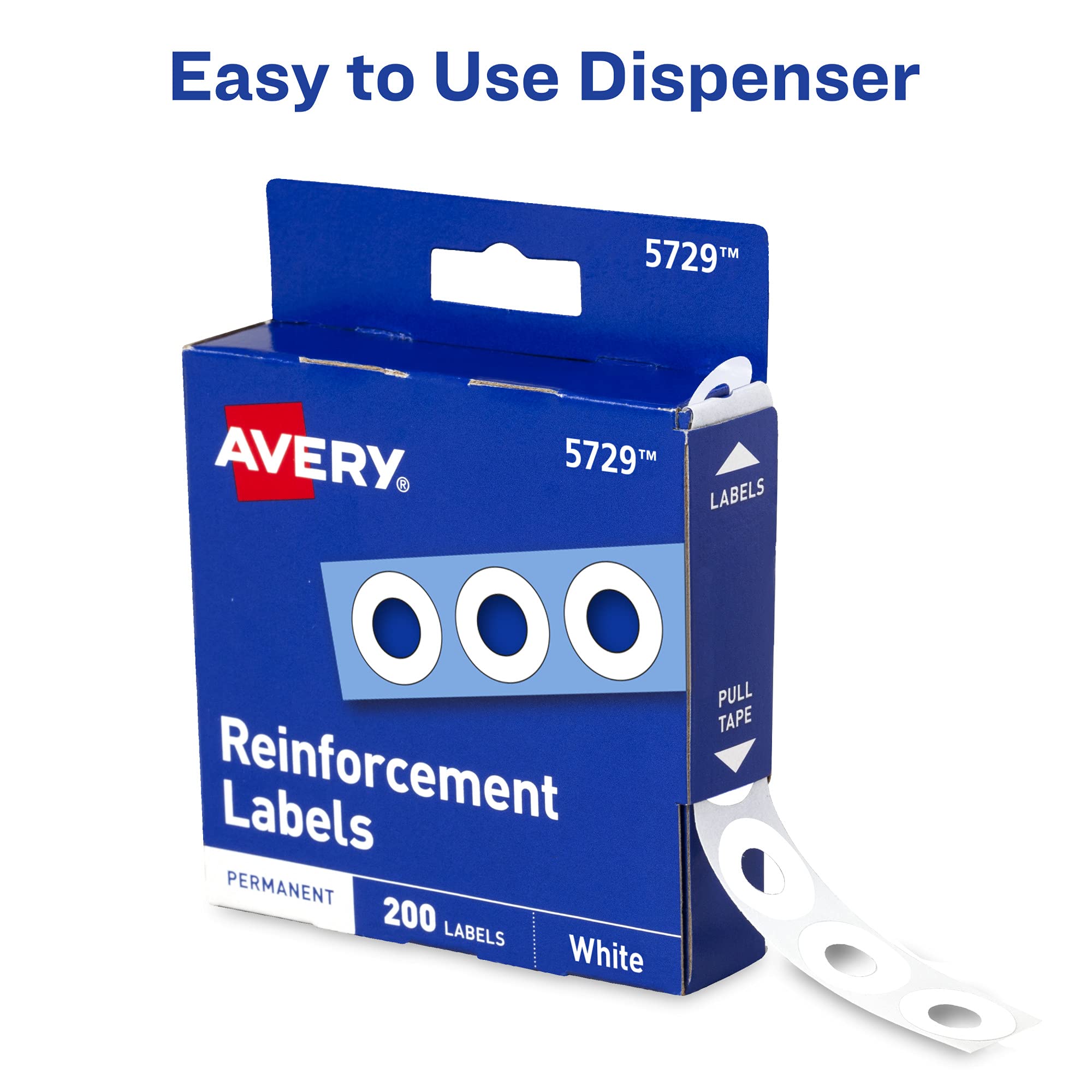 Avery Self-Adhesive Hole Reinforcement Stickers, 1/4" Diameter Hole Punch Reinforcement Labels, White, Non-Printable, 200 Labels Total (5729)