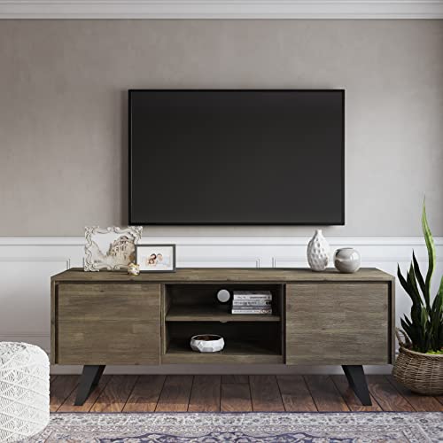 SIMPLIHOME Lowry SOLID WOOD Universal TV Media Stand, 63 inch Wide, Modern Industrial, Living Room Entertainment Center with Storage, for Flat Screen TVs up to 70 inches in Distressed Grey