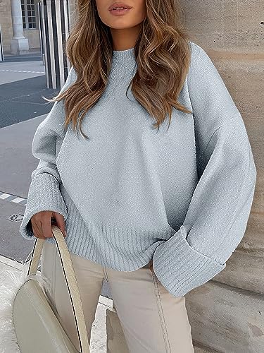 ANRABESS Women's Oversized Crewneck Long Sleeve Fuzzy Knit Casual Chunky Warm 2025 Fall Pullover Sweaters Top Trendy Outfits Light Blue Small