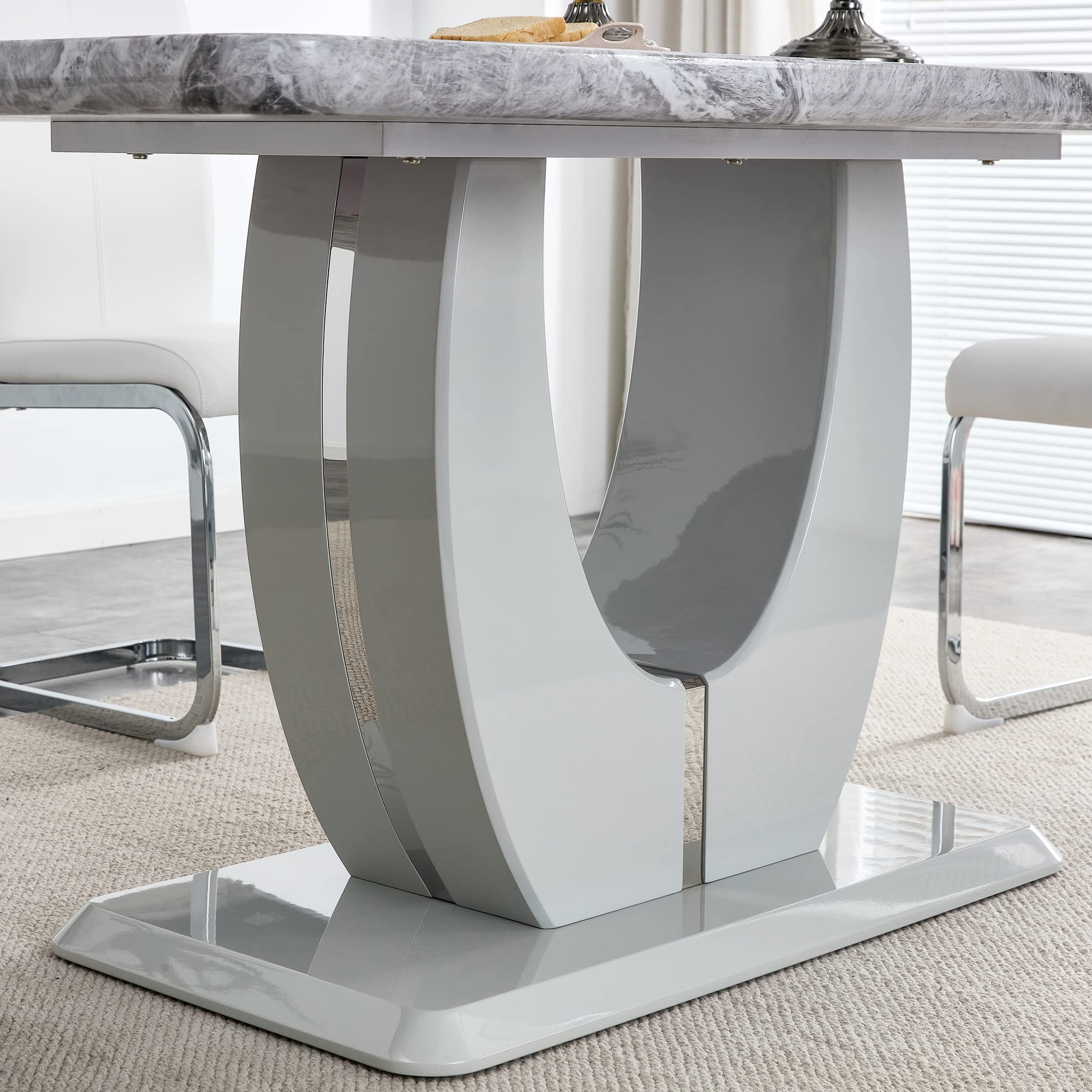 63" Luxurious White Imitation Marble Dining Table, Modern Rectangular Dining Table with Faux Marble Top and U-Shape MDF Base, Office Computer Table for Kitchen Living Dining Room(No Chairs)