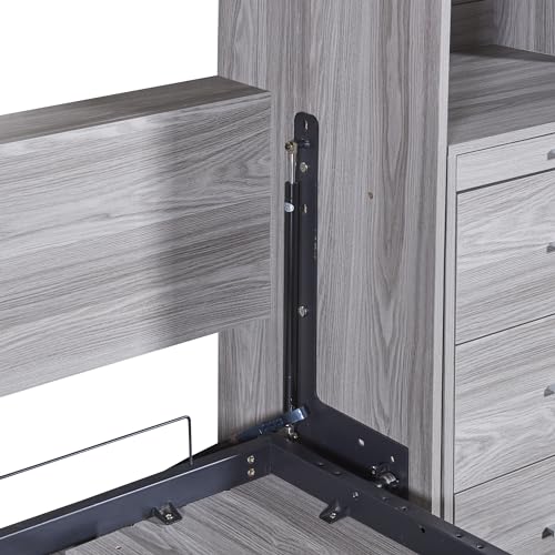 DEYOBED Multifunctional Full Size Murphy Bed with Storage Shelves and Drawers, Solid Wood Platform Wall Bed Cabinet for Guest Room Home Office, Ideal for Small Spaces, Gray
