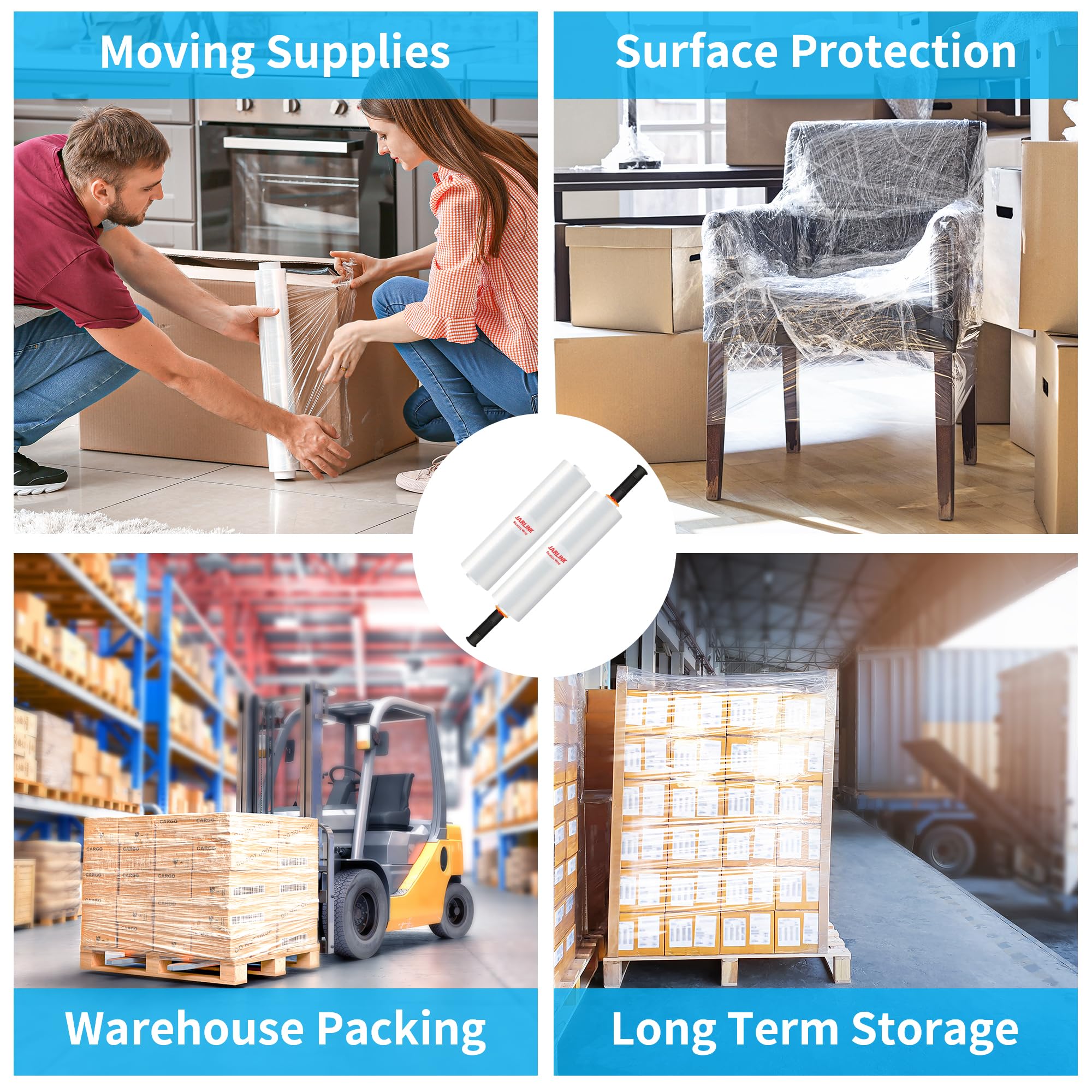 JARLINK Stretch Film, 15 Inch x 1000 Feet Shrink Wrap for Pallet Wrap, Industrial Strength Stretch Wrap up to 800% Stretch with Handles, Moving Wrapping Plastic Roll, 80 Gauge, 2 Pack