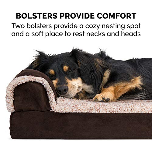 Furhaven Medium Cooling Gel Foam Dog Bed Two-Tone Faux Fur & Suede L Shaped Chaise w/ Removable Washable Cover - Espresso, Medium