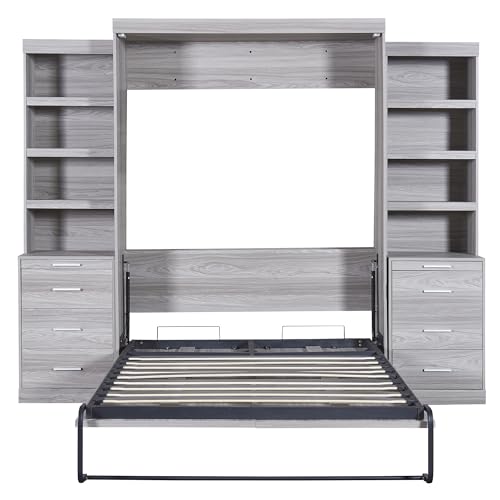 DEYOBED Multifunctional Full Size Murphy Bed with Storage Shelves and Drawers, Solid Wood Platform Wall Bed Cabinet for Guest Room Home Office, Ideal for Small Spaces, Gray