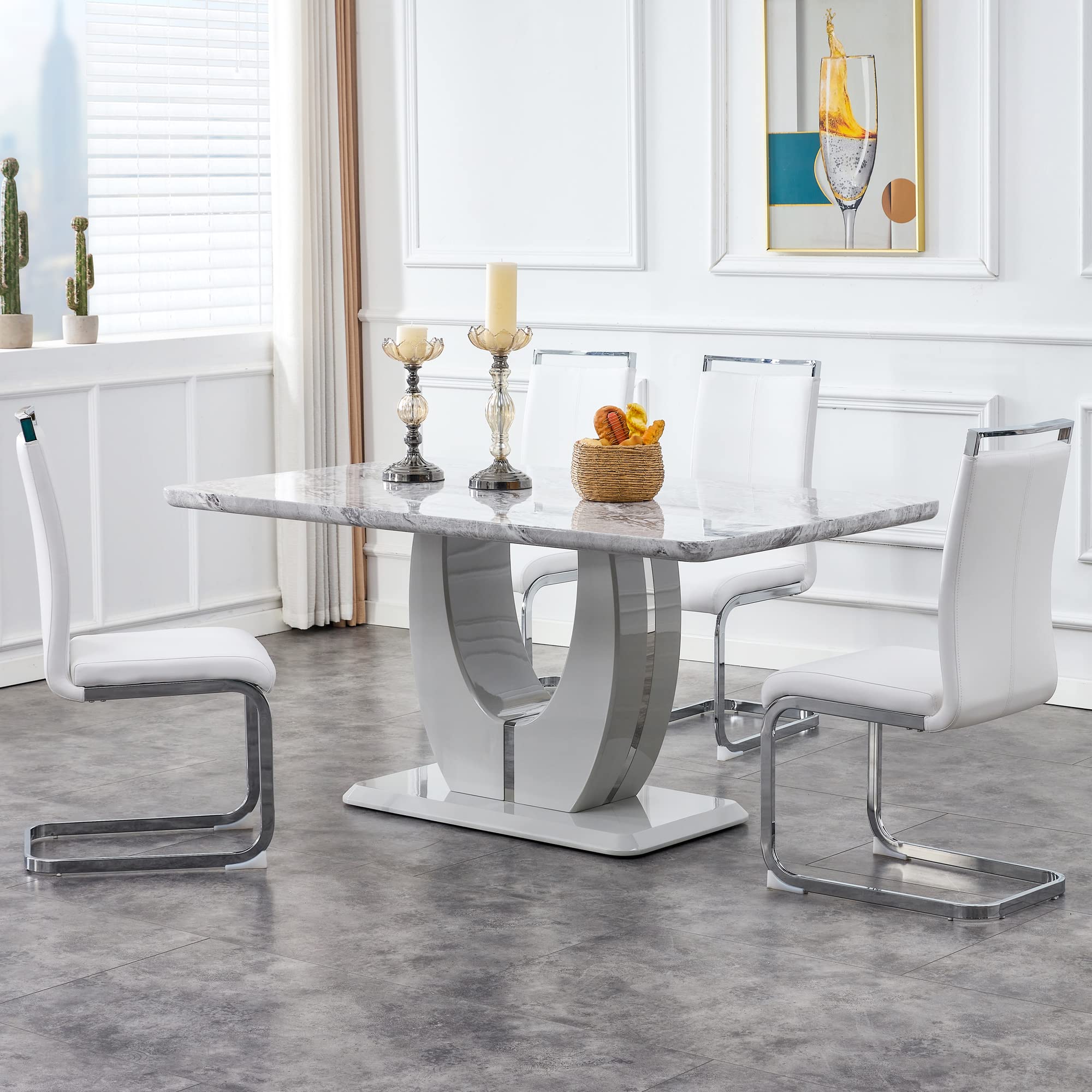 63" Luxurious White Imitation Marble Dining Table, Modern Rectangular Dining Table with Faux Marble Top and U-Shape MDF Base, Office Computer Table for Kitchen Living Dining Room(No Chairs)
