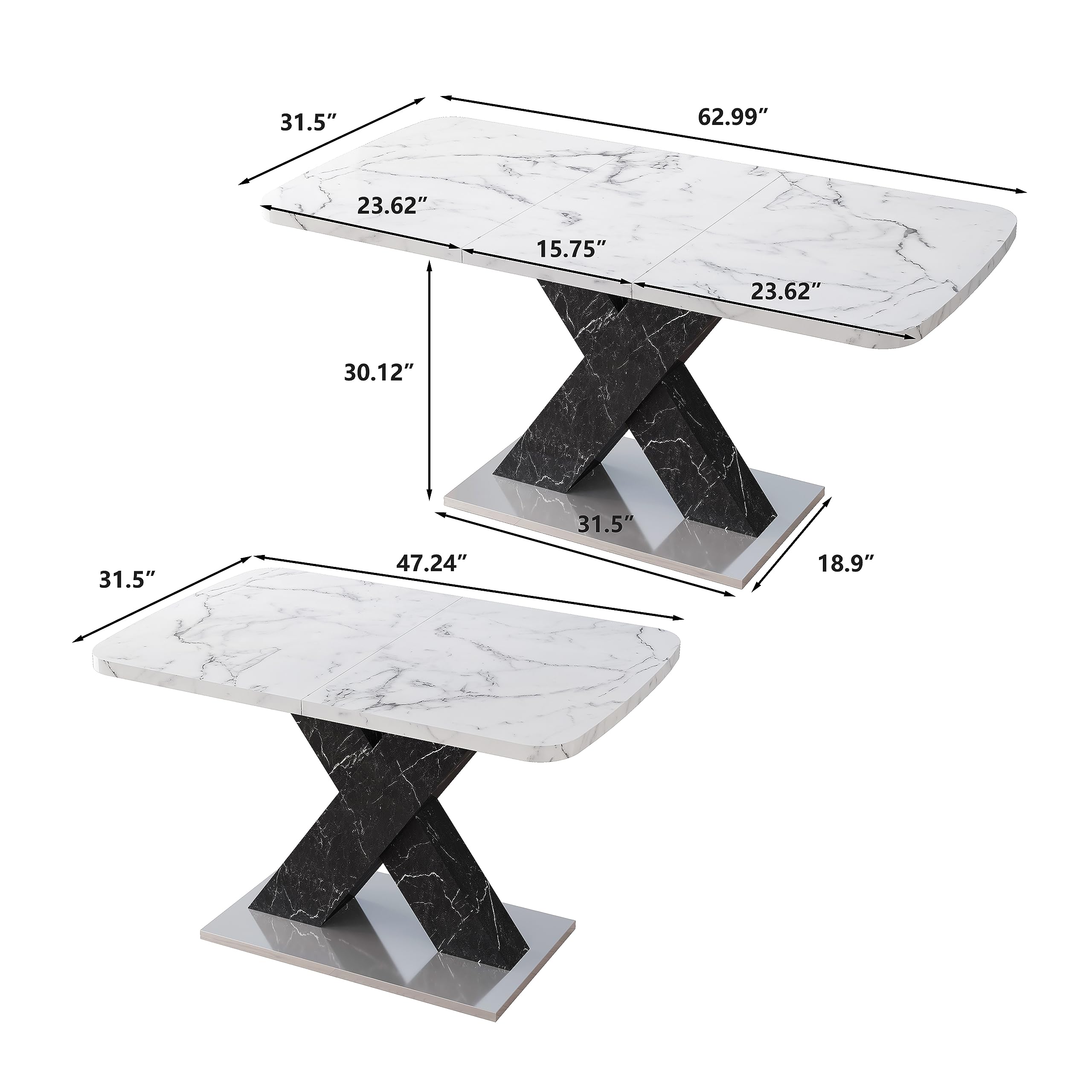 Mcltopz Extendable Marble Dining Table, Marble Dining Table for 4-6, Expandable Dining Table with White Faux Marble Top and X Crossed Pedestal Base, Rectangular Kitchen Table for Dining Room Kitchen
