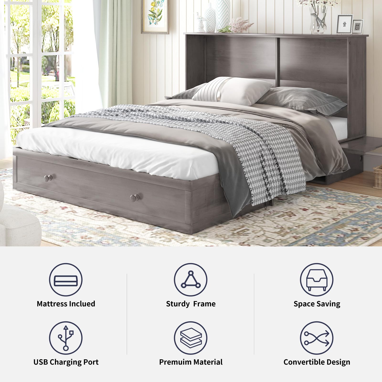 ijuicy Cube Murphy Bed Queen, Murphy Cabinet Chest Bed with Charging Station & 3 Level Foldable Memory Foam Mattress & & Large Drawer for Guests Room (Poplar Grey)